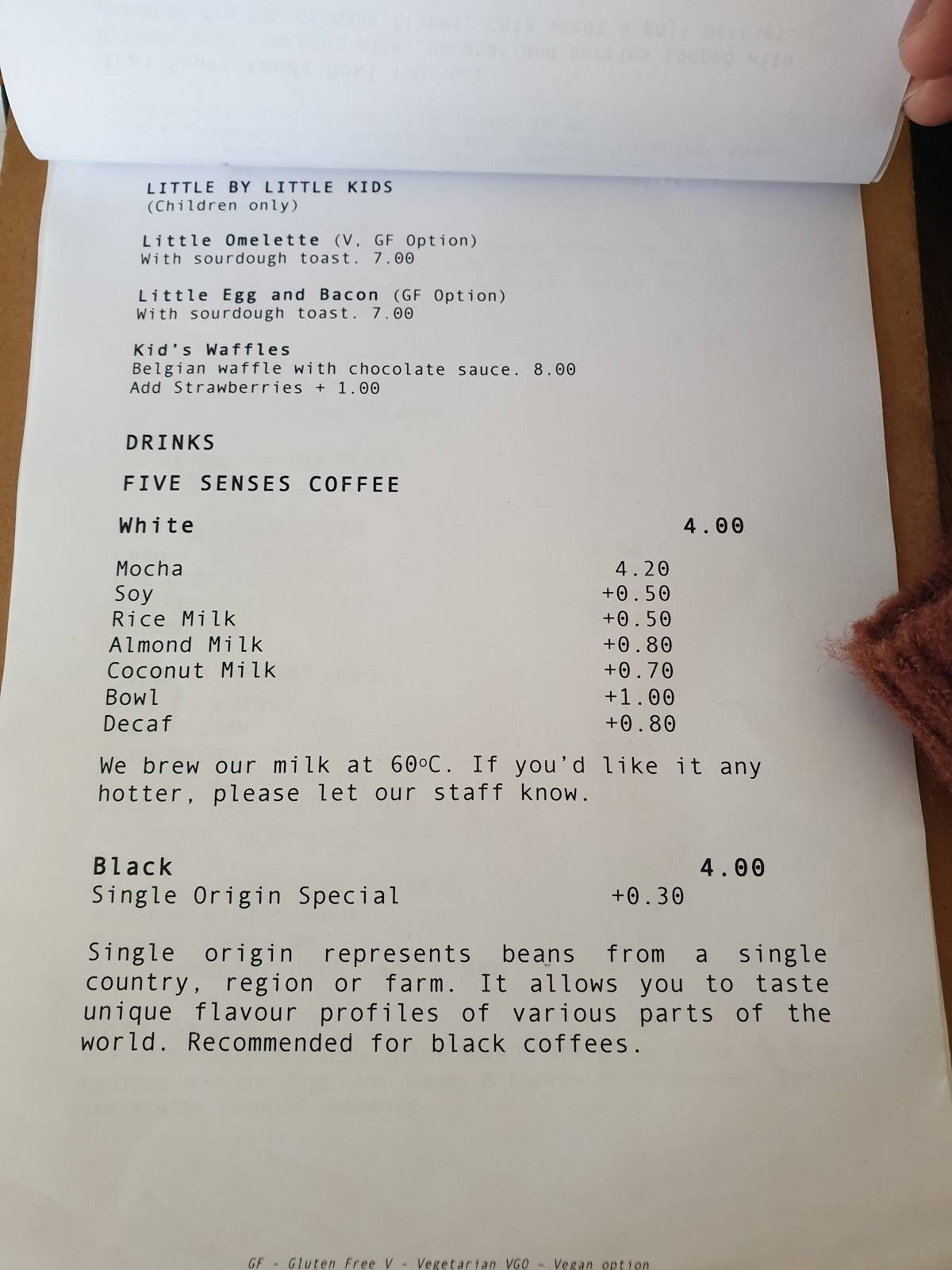 Menu at Little by Little Cafe, Berwick