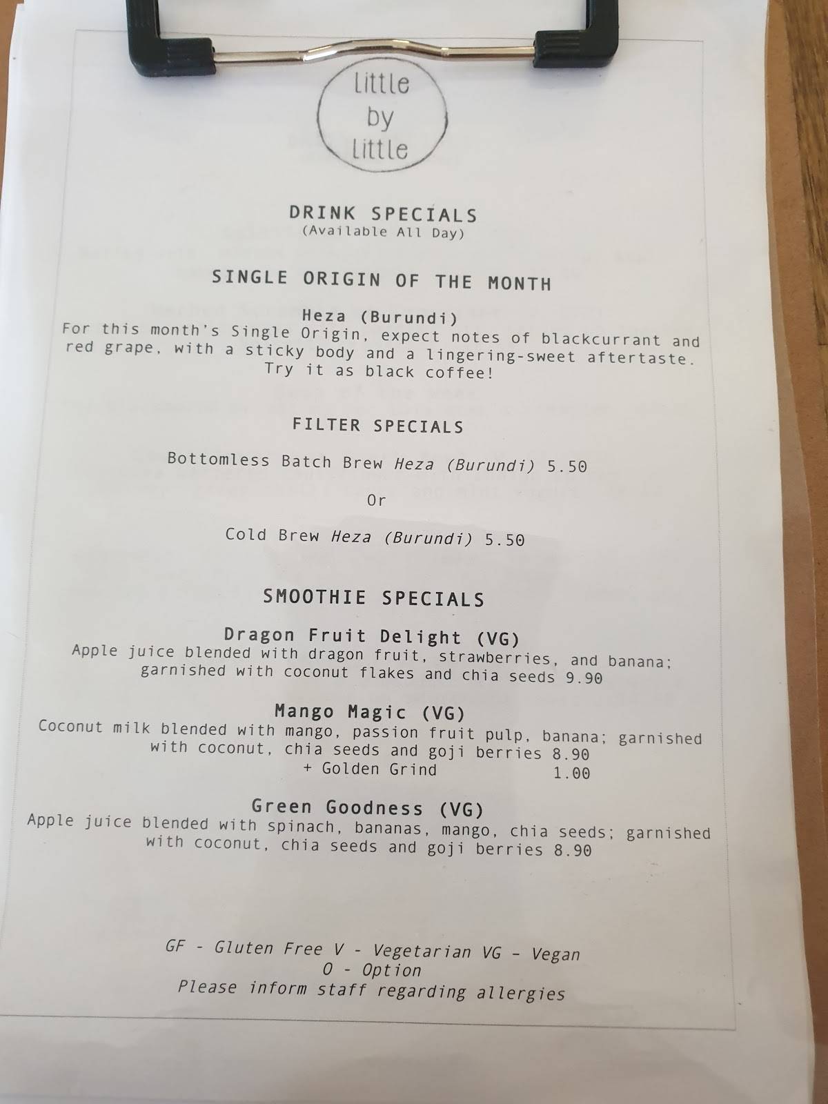 Menu at Little by Little Cafe, Berwick