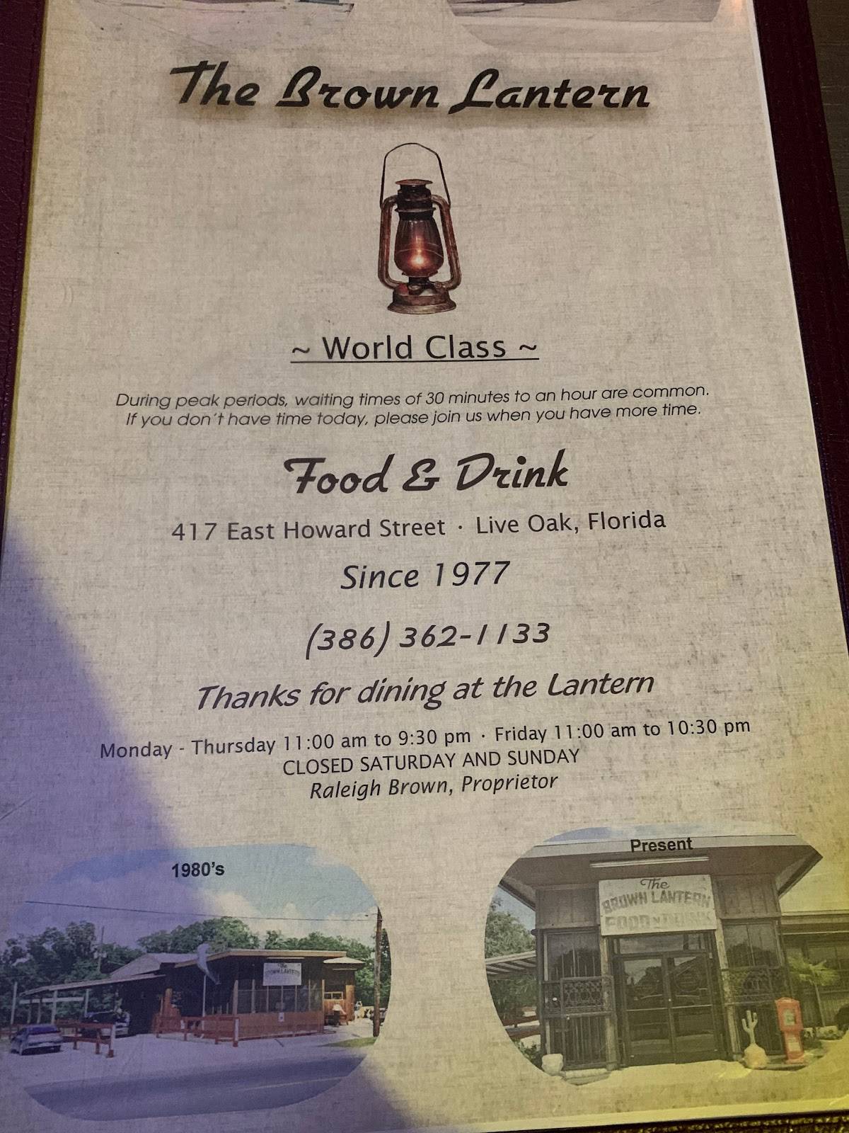 Menu at Brown Lantern restaurant, Live Oak
