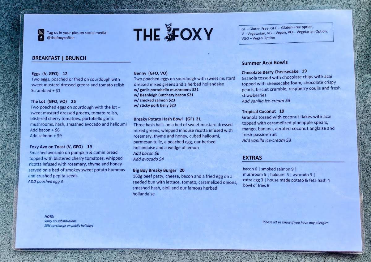 Menu at The Foxy Coffee cafe, Loganholme, Shop 1A/37/59 Bryants Rd
