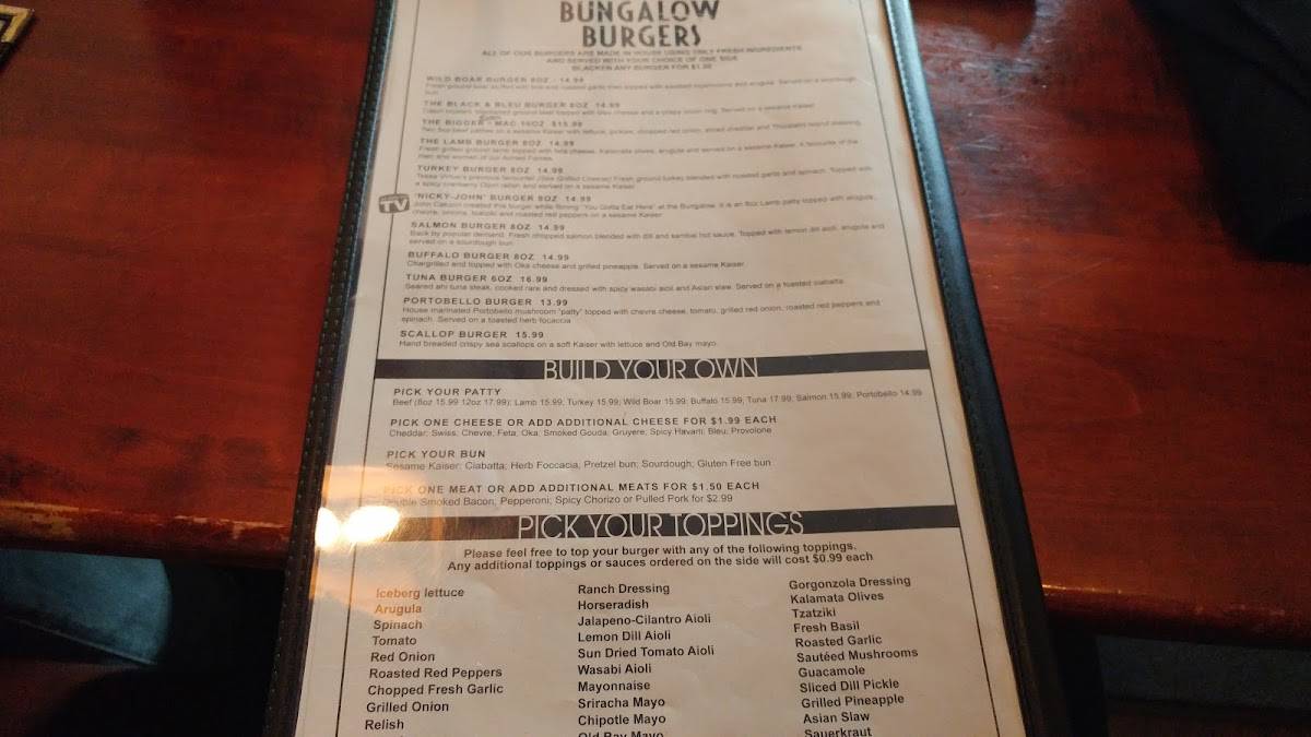 Menu at The Bungalow restaurant, London