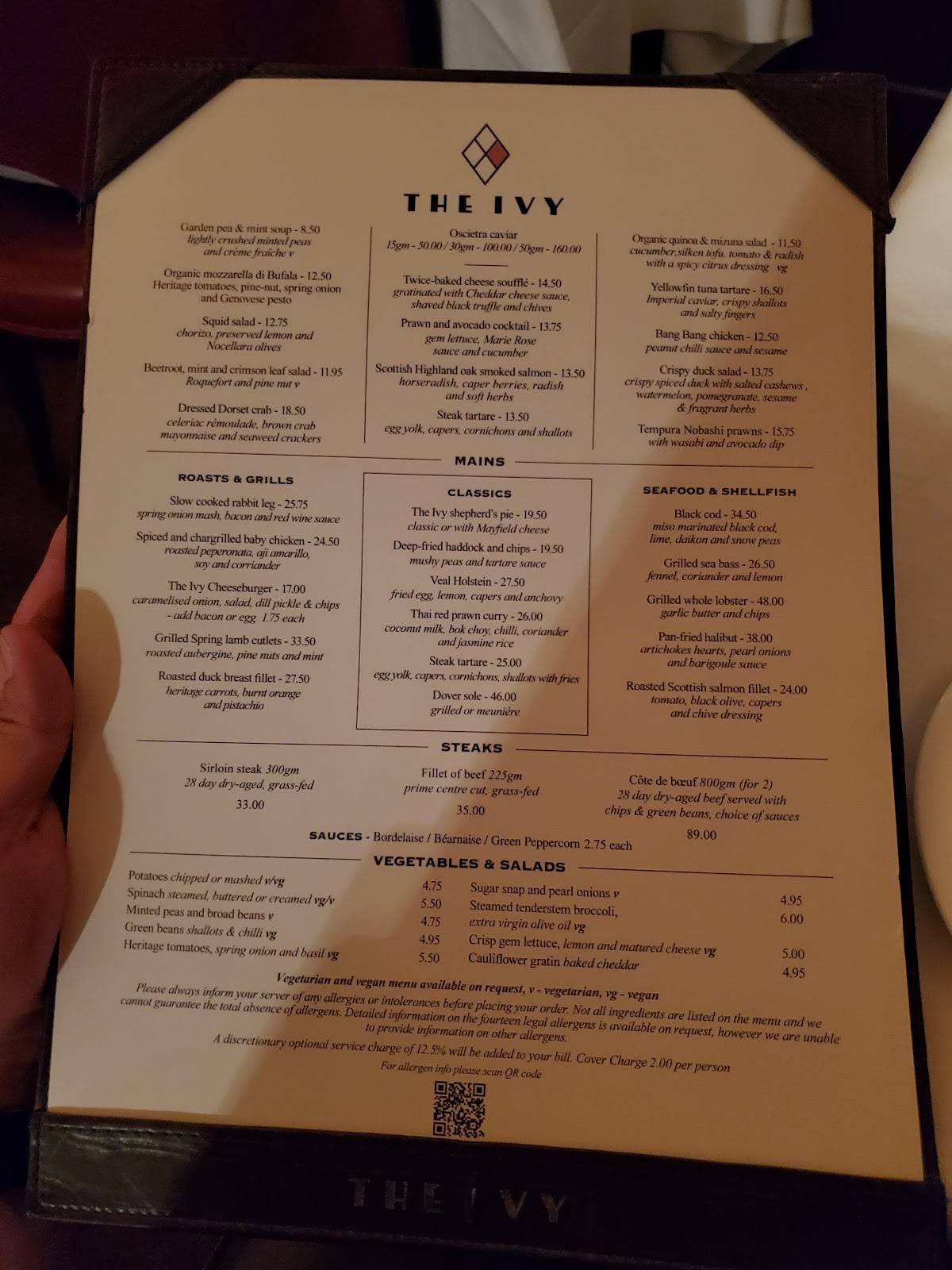 Menu at The Ivy restaurant, London, 1-5 West St