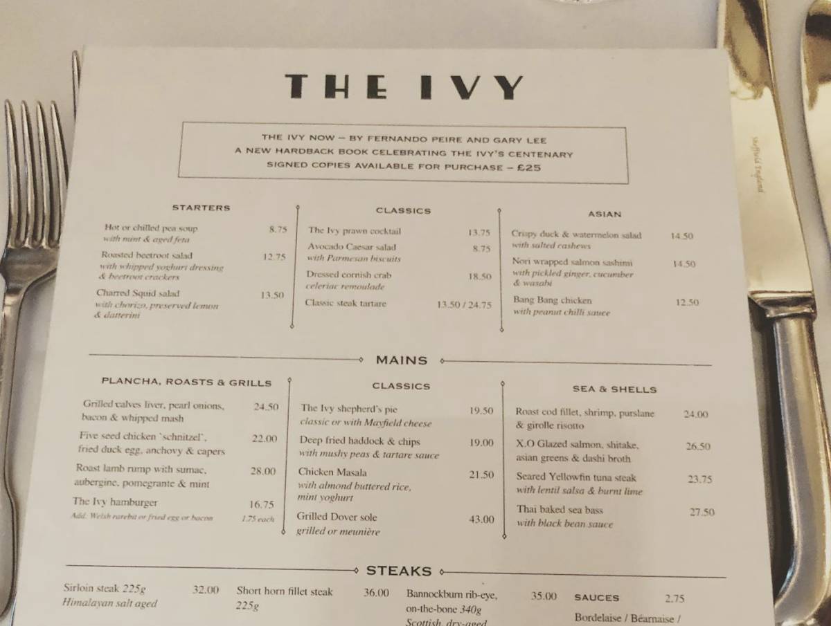 Menu at The Ivy restaurant, London, 1-5 West St