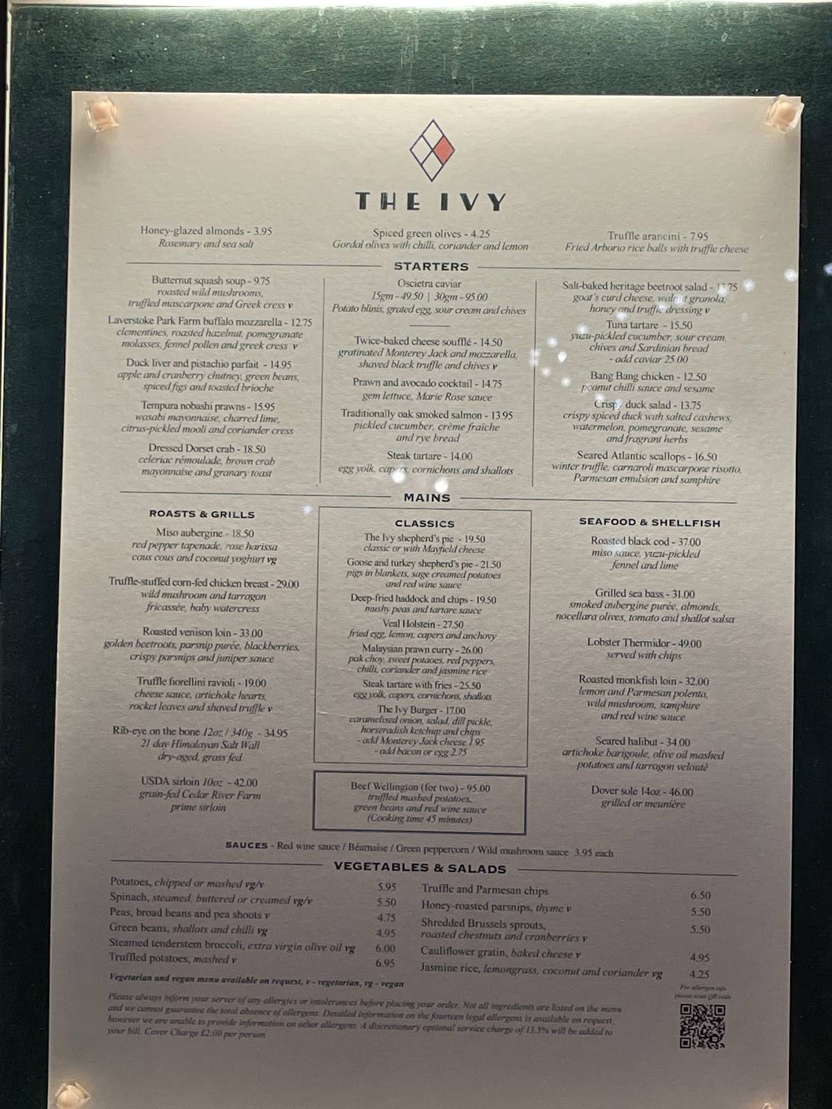 Menu at The Ivy restaurant, London, 1-5 West St