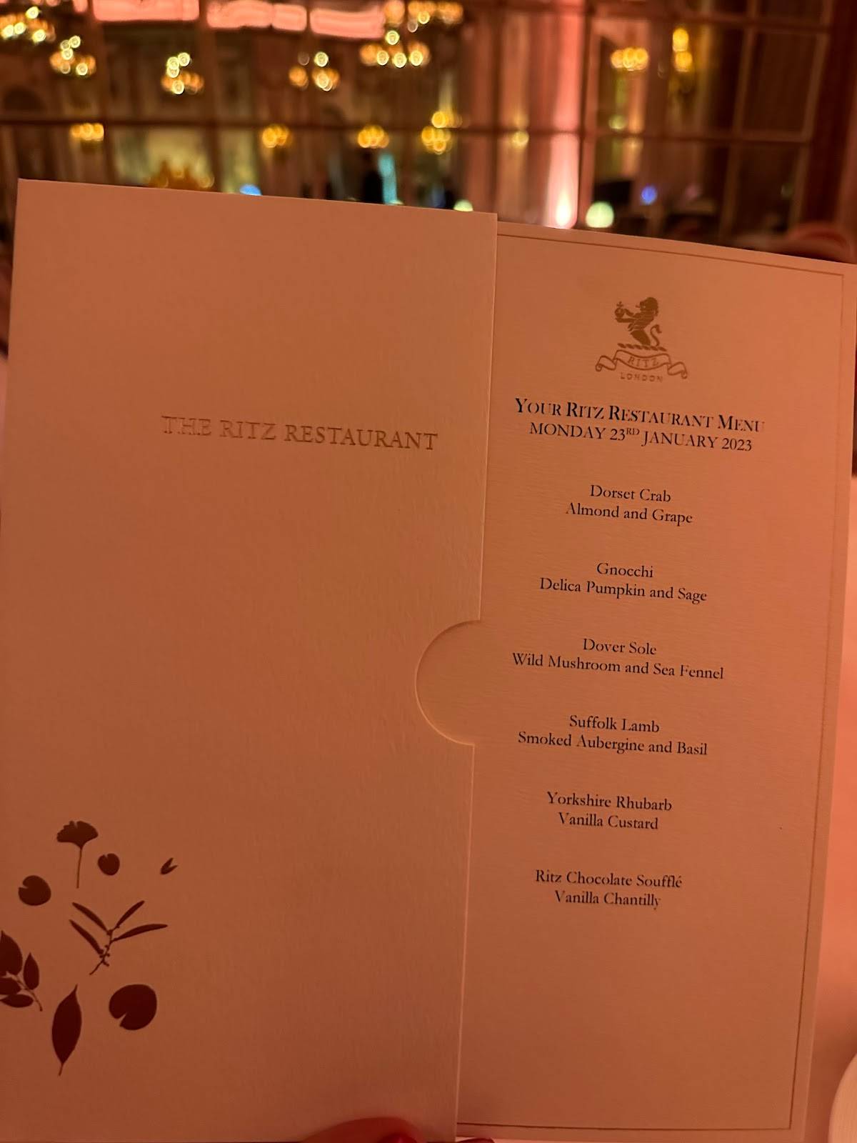Menu at The Ritz Restaurant, London