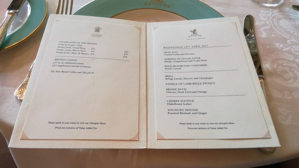 Menu at The Ritz Restaurant, London