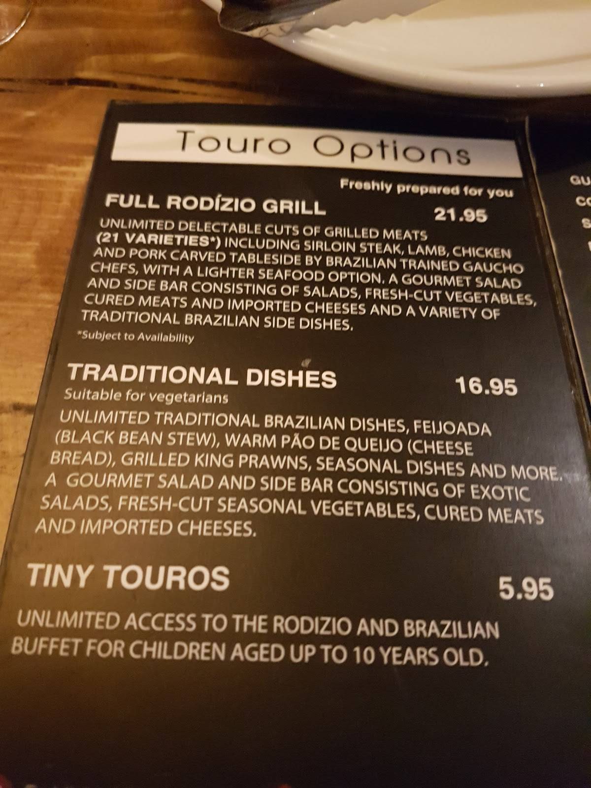 Menu at Touro Brazilian Steakhouse Wimbledon, London, 44 The Broadway