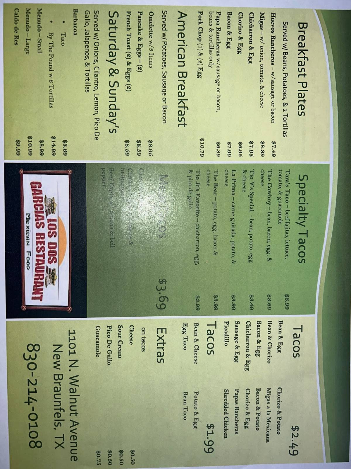 Menu at Los Dos Garcias restaurant, New Braunfels