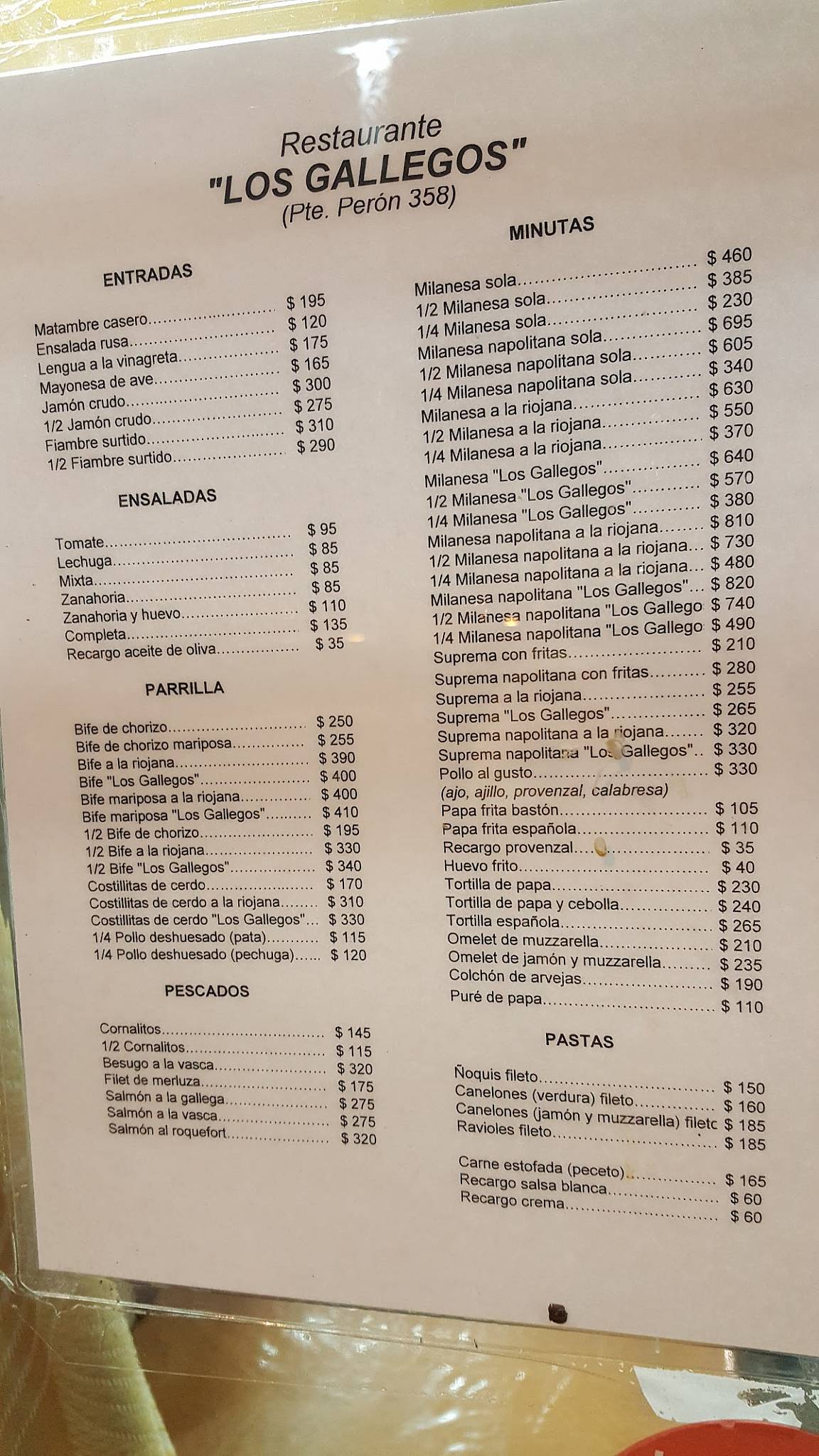Carta del restaurante Los Gallegos, Quilmes, Pres. Juan Domingo Perón 358