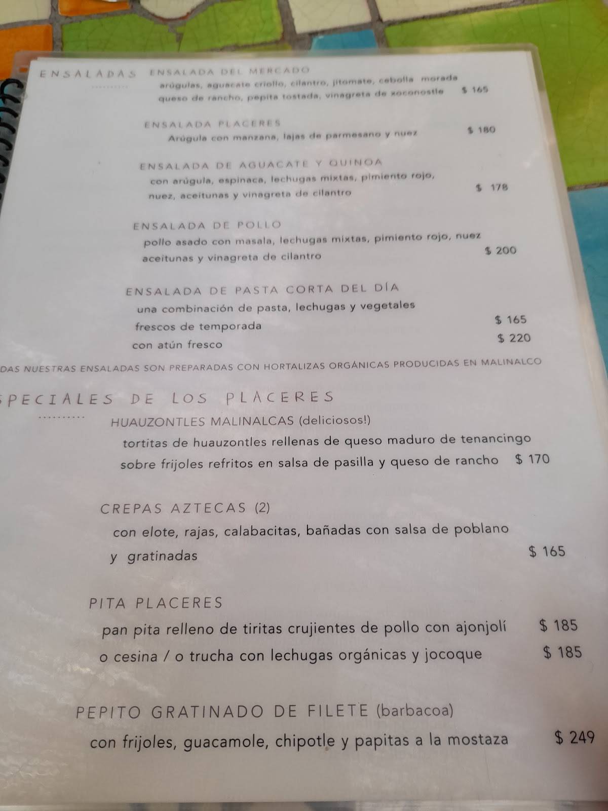 Carta del restaurante Los Placeres Malinalco, Malinalco