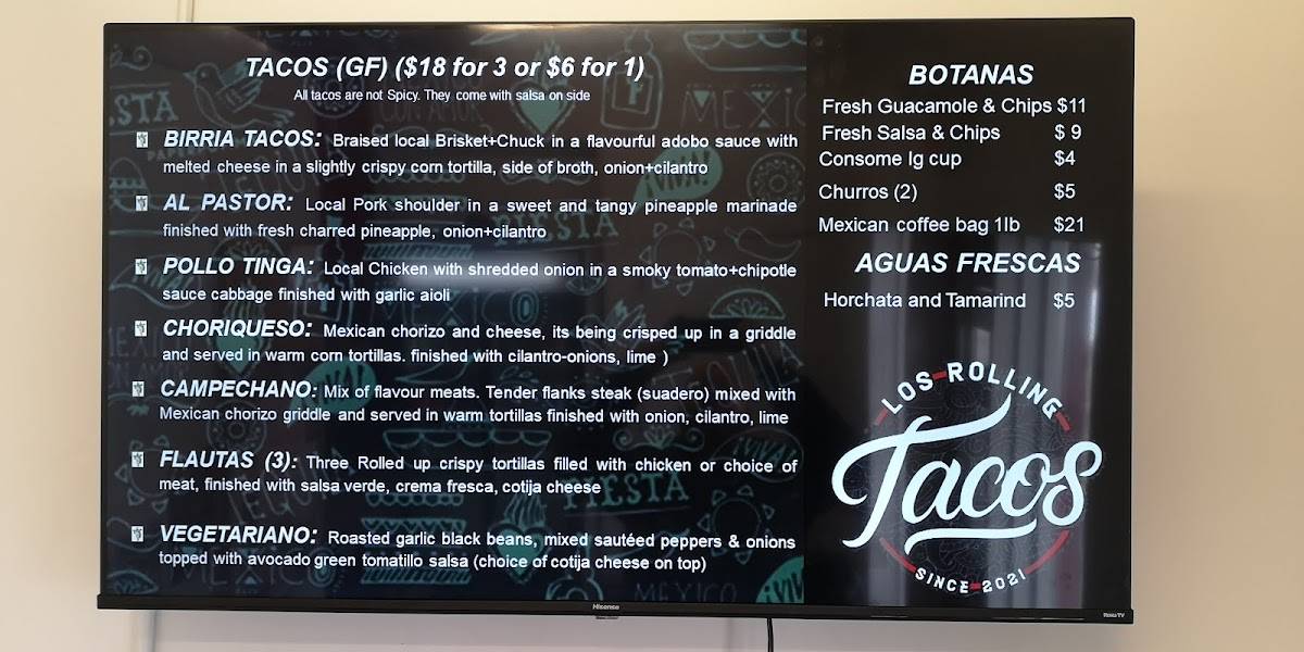 Menu at Los Rolling Tacos restaurant, Waterloo