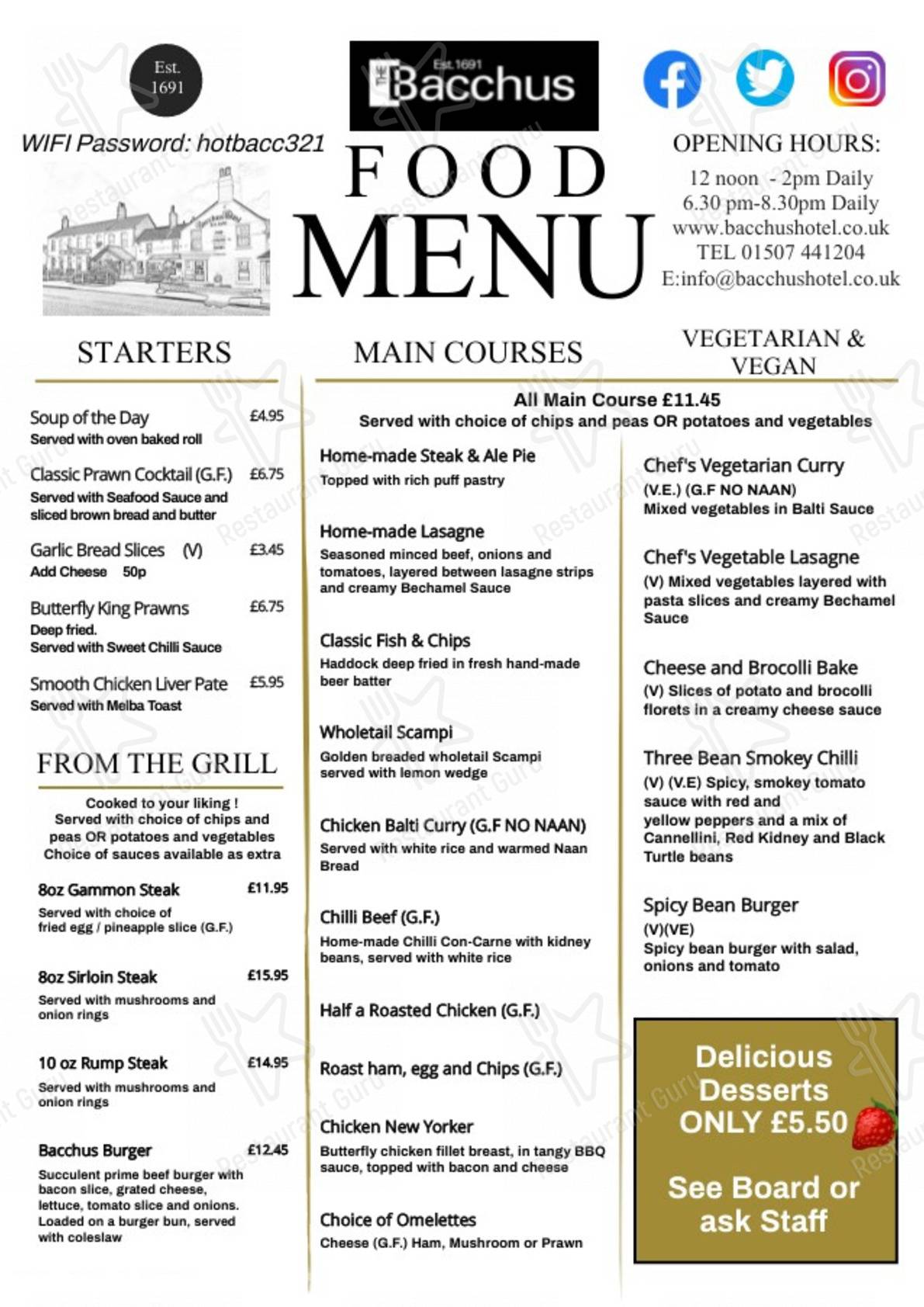 Menu at The Gardener's Retreat restaurant, Louth