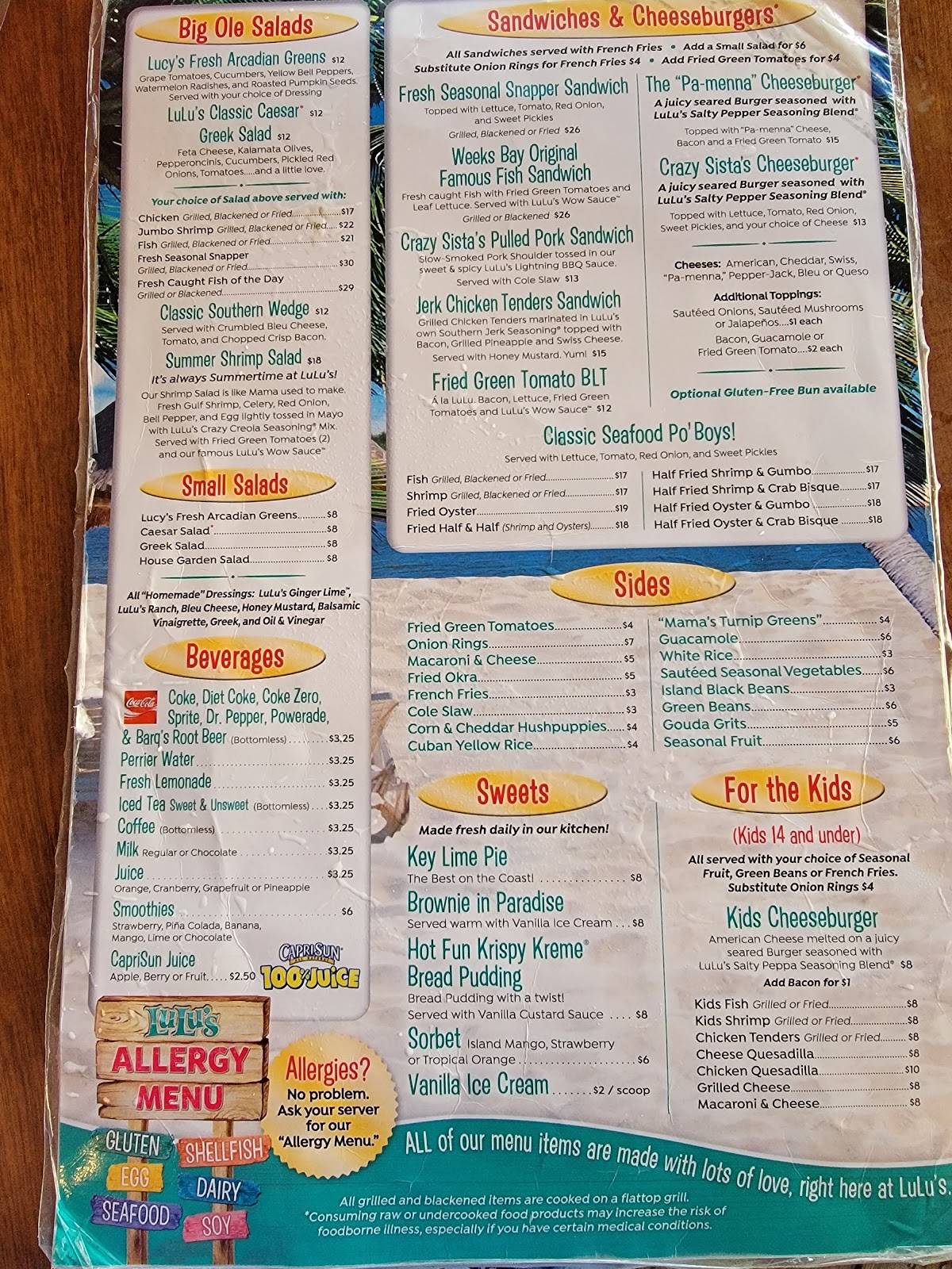 Menu at LuLu's Gulf Shores restaurant, Gulf Shores