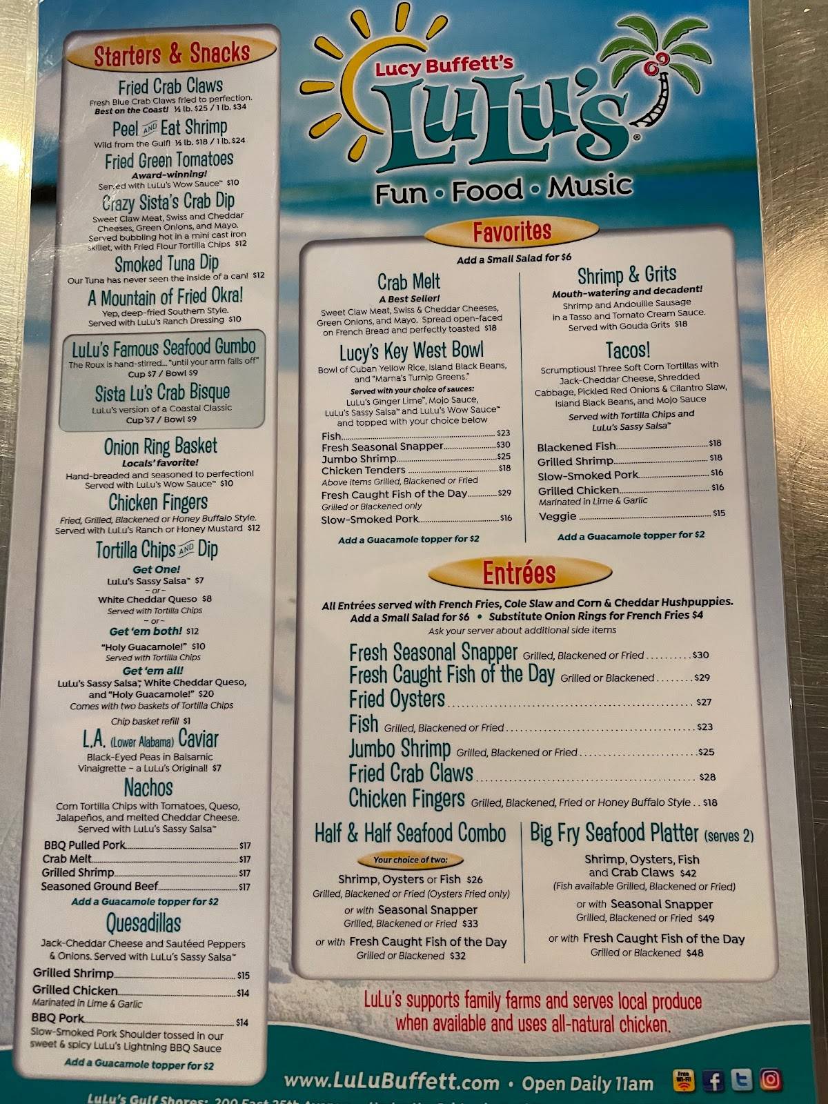 Menu at LuLu's Gulf Shores restaurant, Gulf Shores
