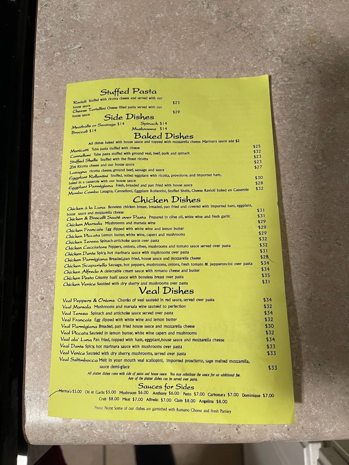 Menu at Luna Restaurant, Venice