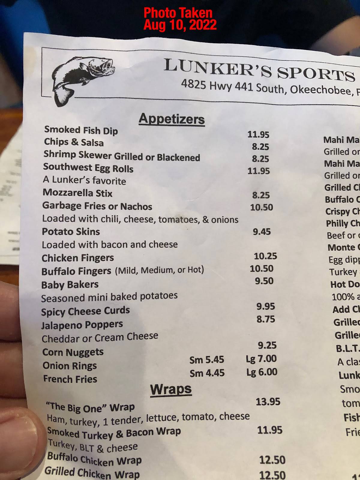 Menu at Lunker's Sports Grill pub & bar, Okeechobee, US-441