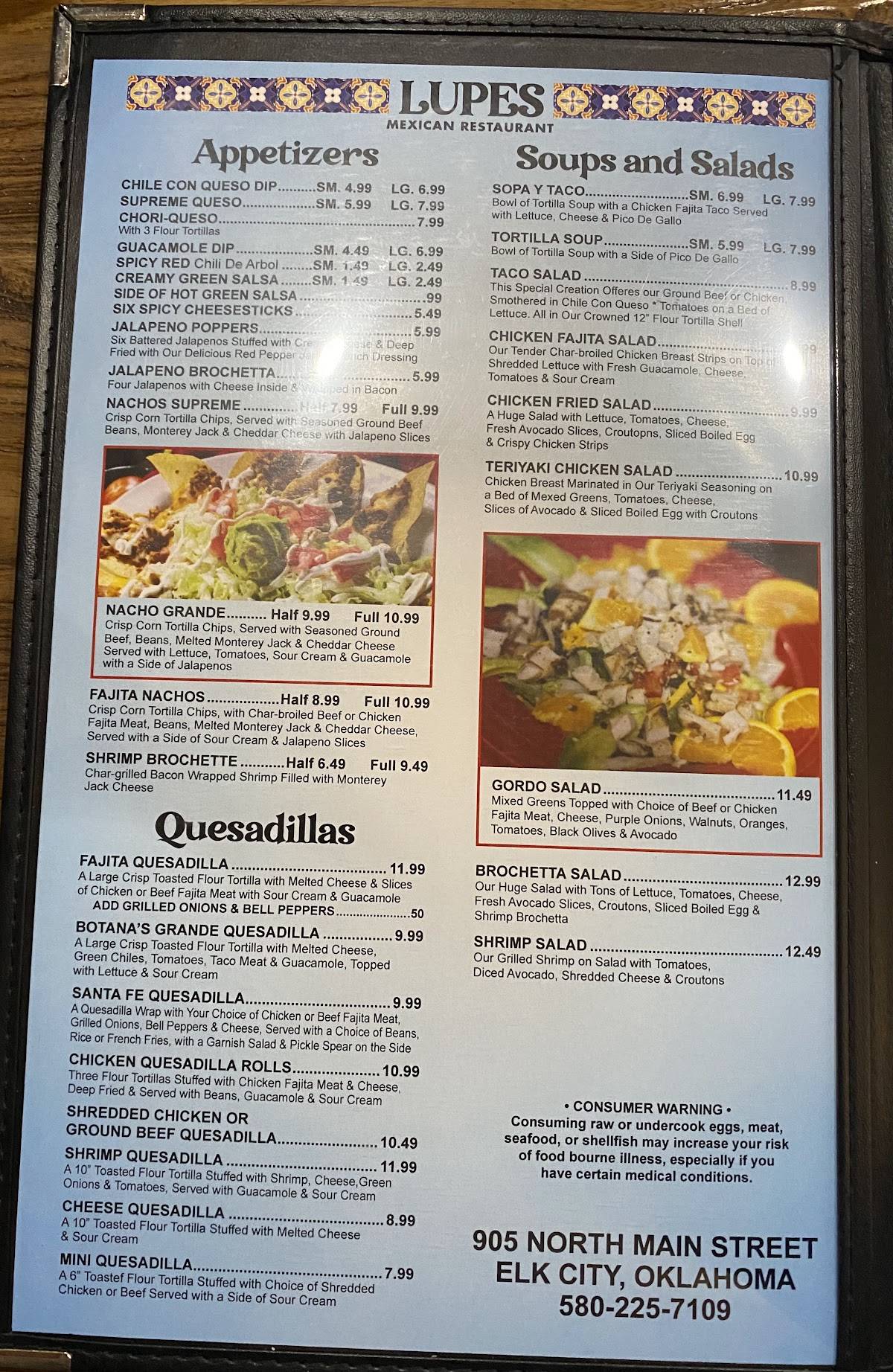 Menu at Lupes Mexican restaurant, Elk City