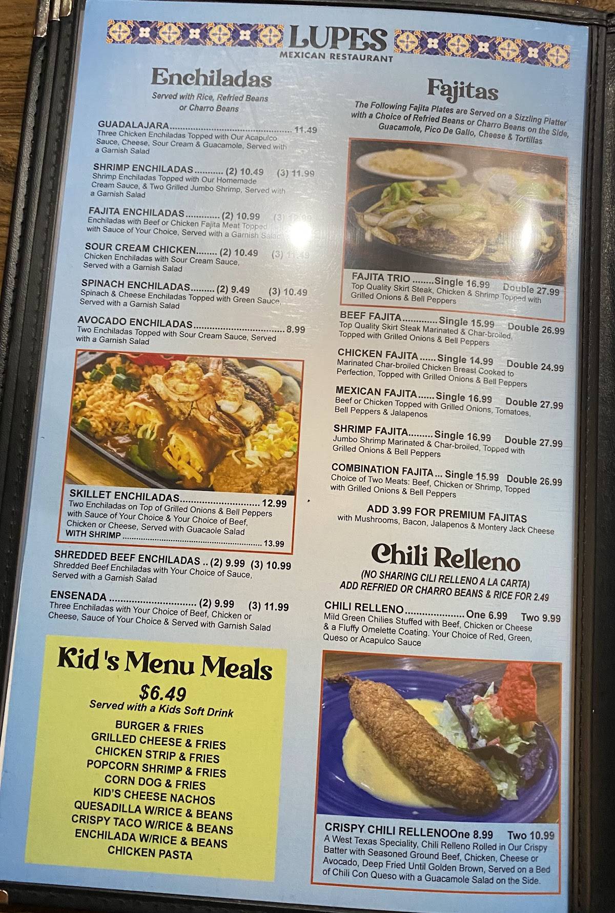 Menu at Lupes Mexican restaurant, Elk City