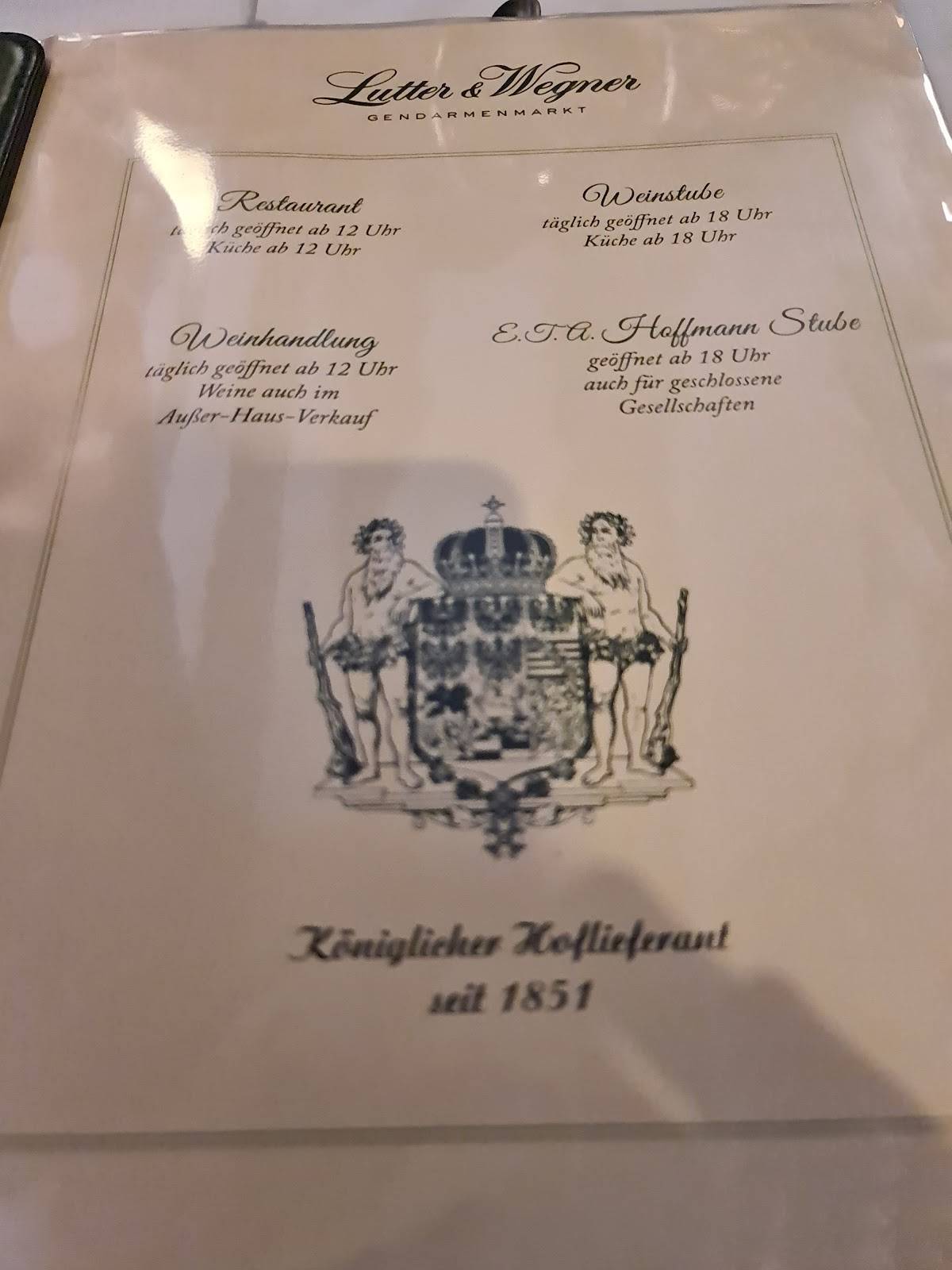 Speisekarte von Lutter & Wegner restaurant, Berlin, Charlottenstraße 56