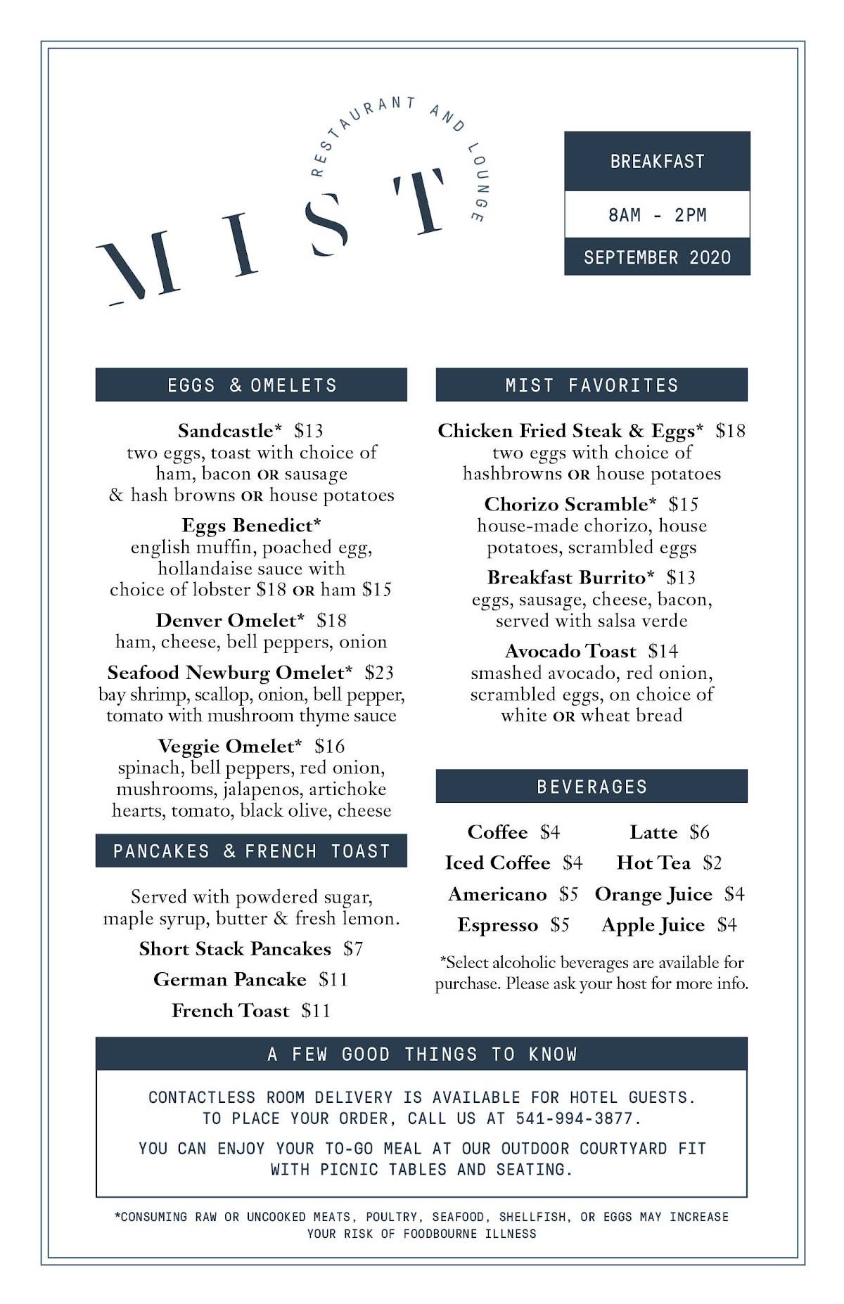Menu at MIST Restaurant & Lounge, Lincoln City