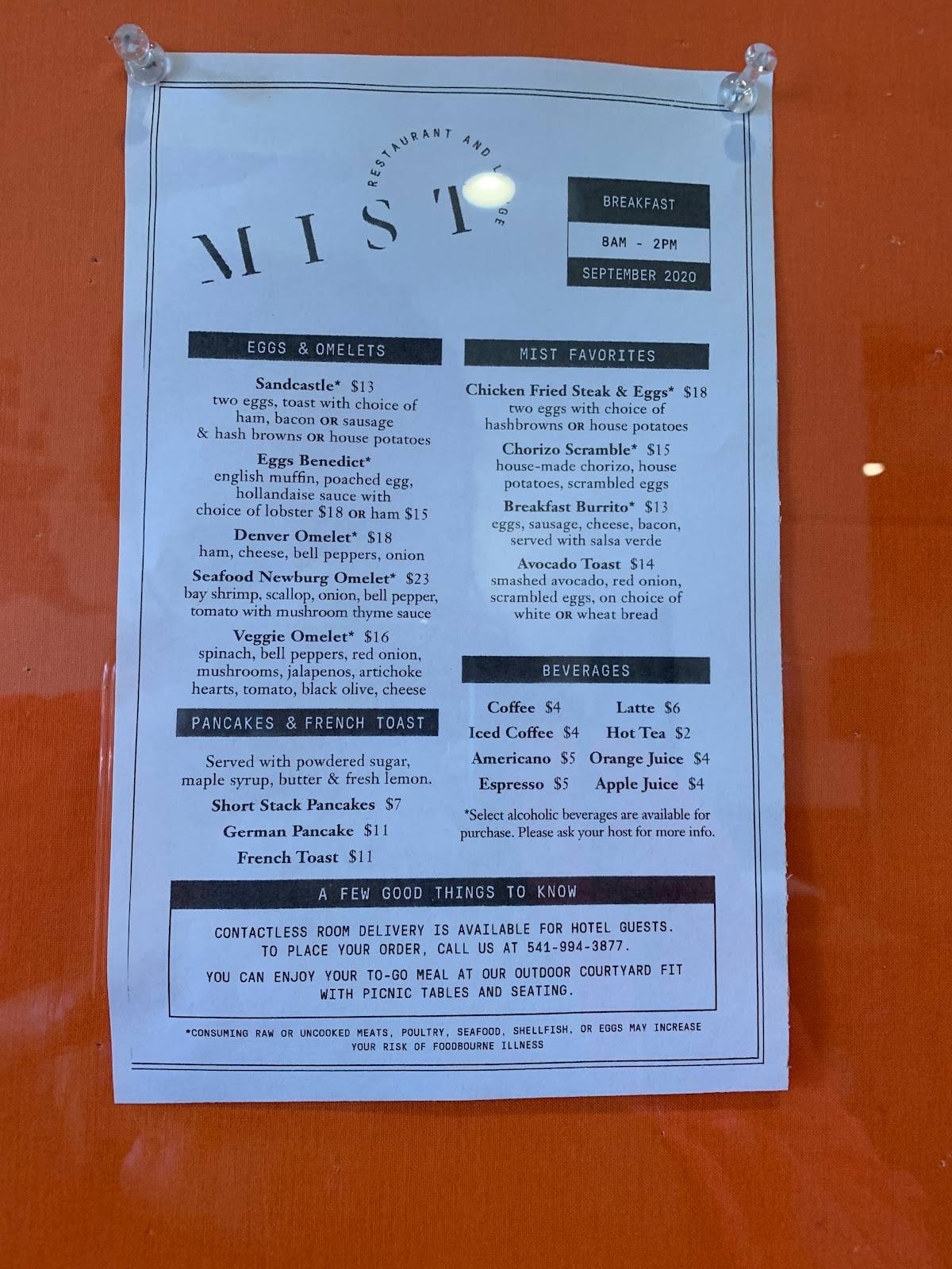 Menu at MIST Restaurant & Lounge, Lincoln City