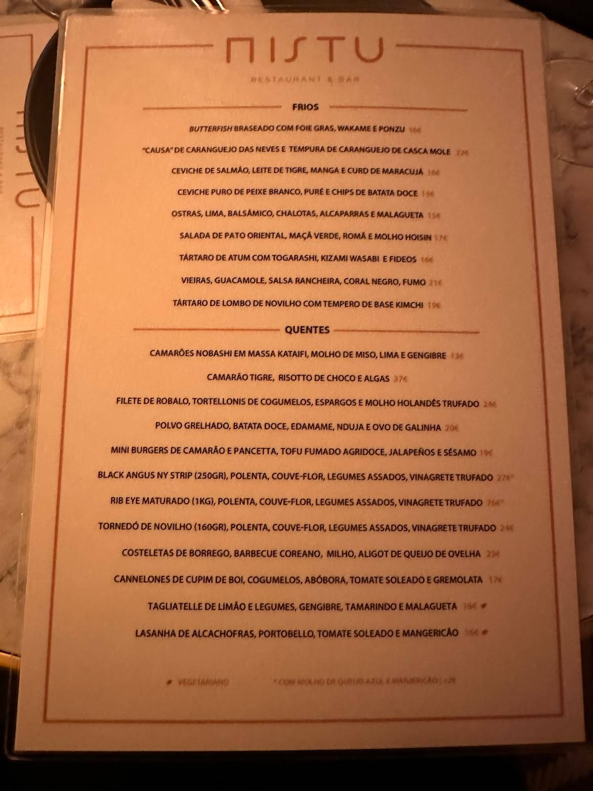 Menu at MISTU restaurant, Porto