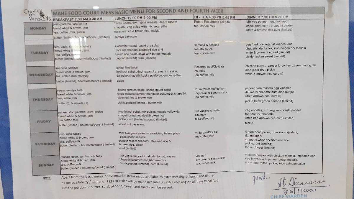 Menu at MIT Food Court-1, Manipal