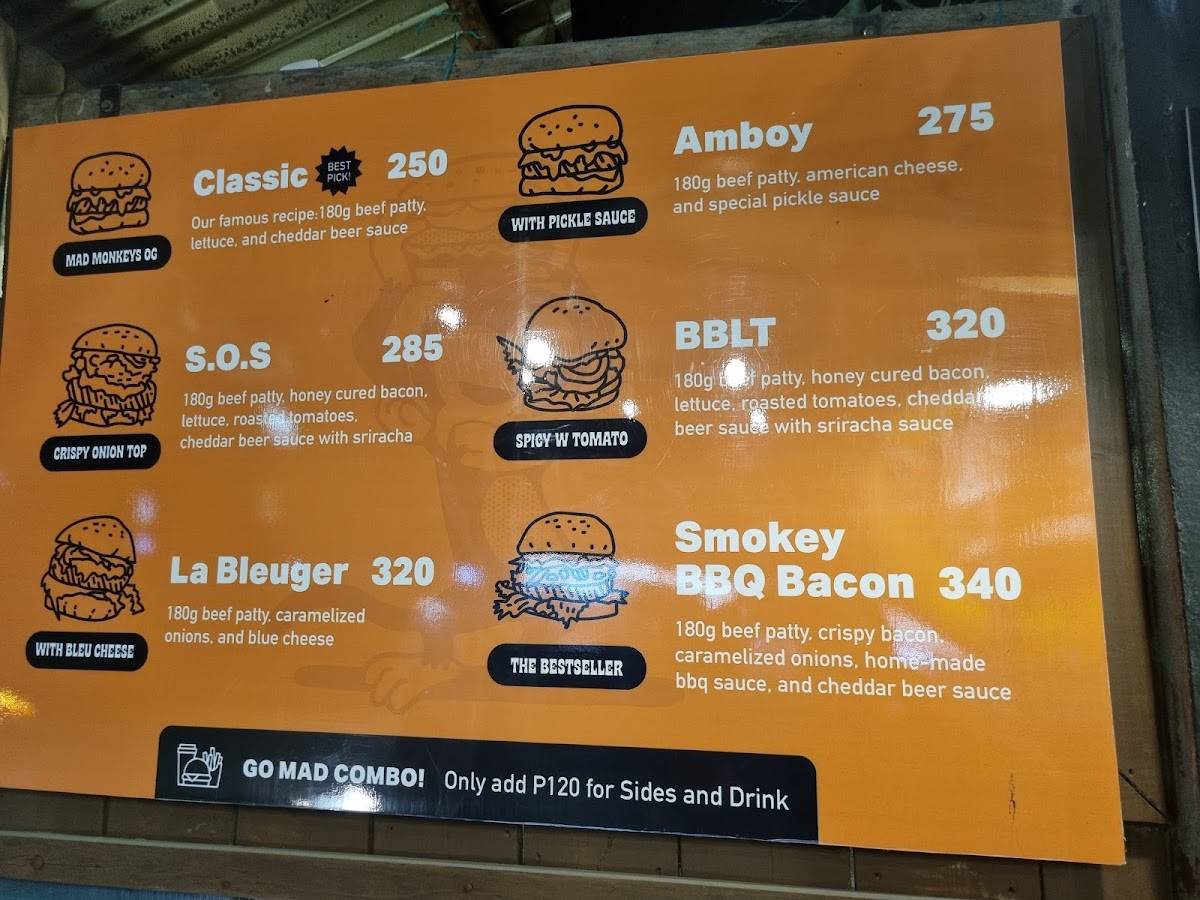 Menu at Mad Monkeys Burger Lab restaurant, San Juan, M84C+HG2