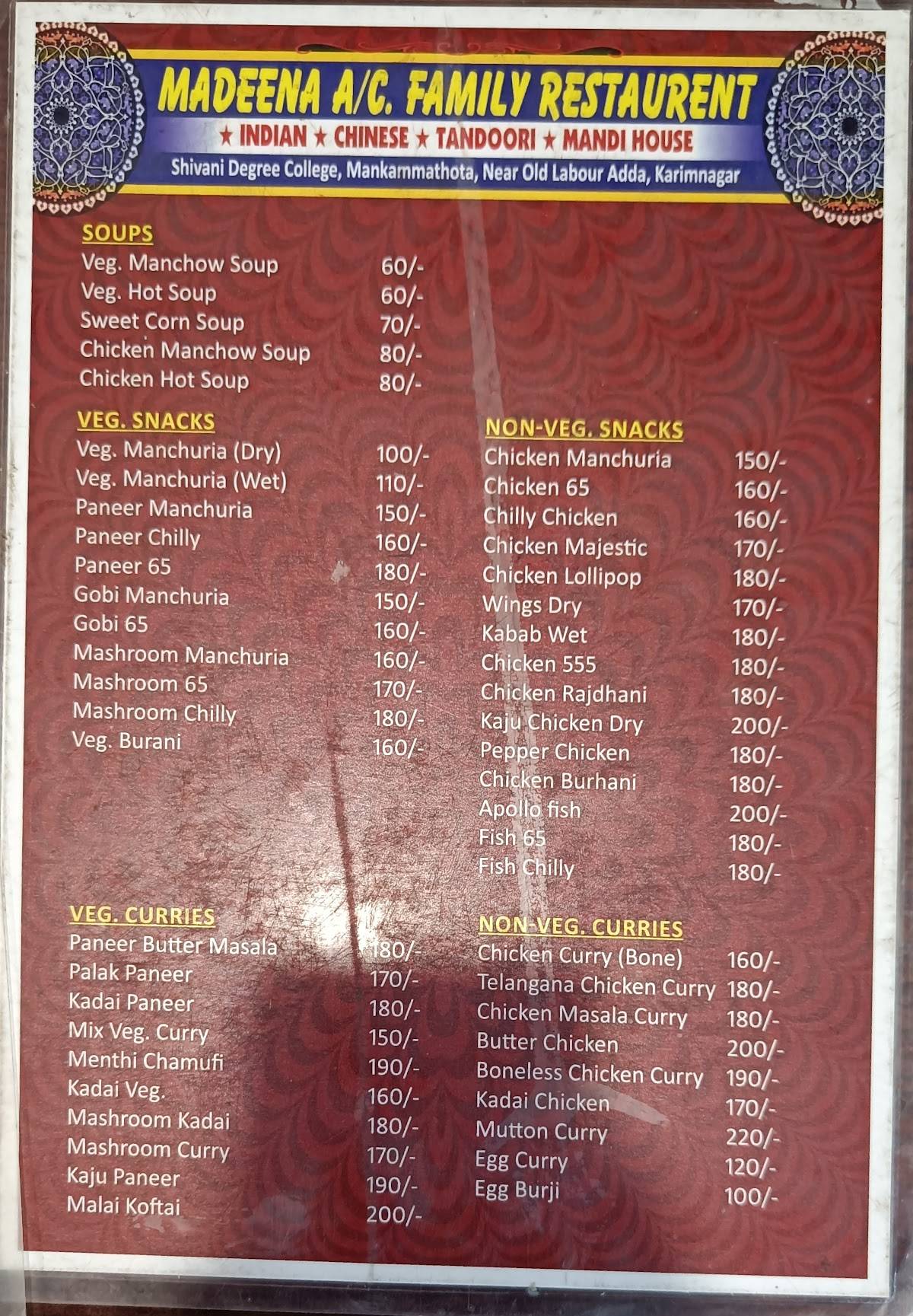 Menu at Madeena Family Restaurant & Mandi House, Karimnagar