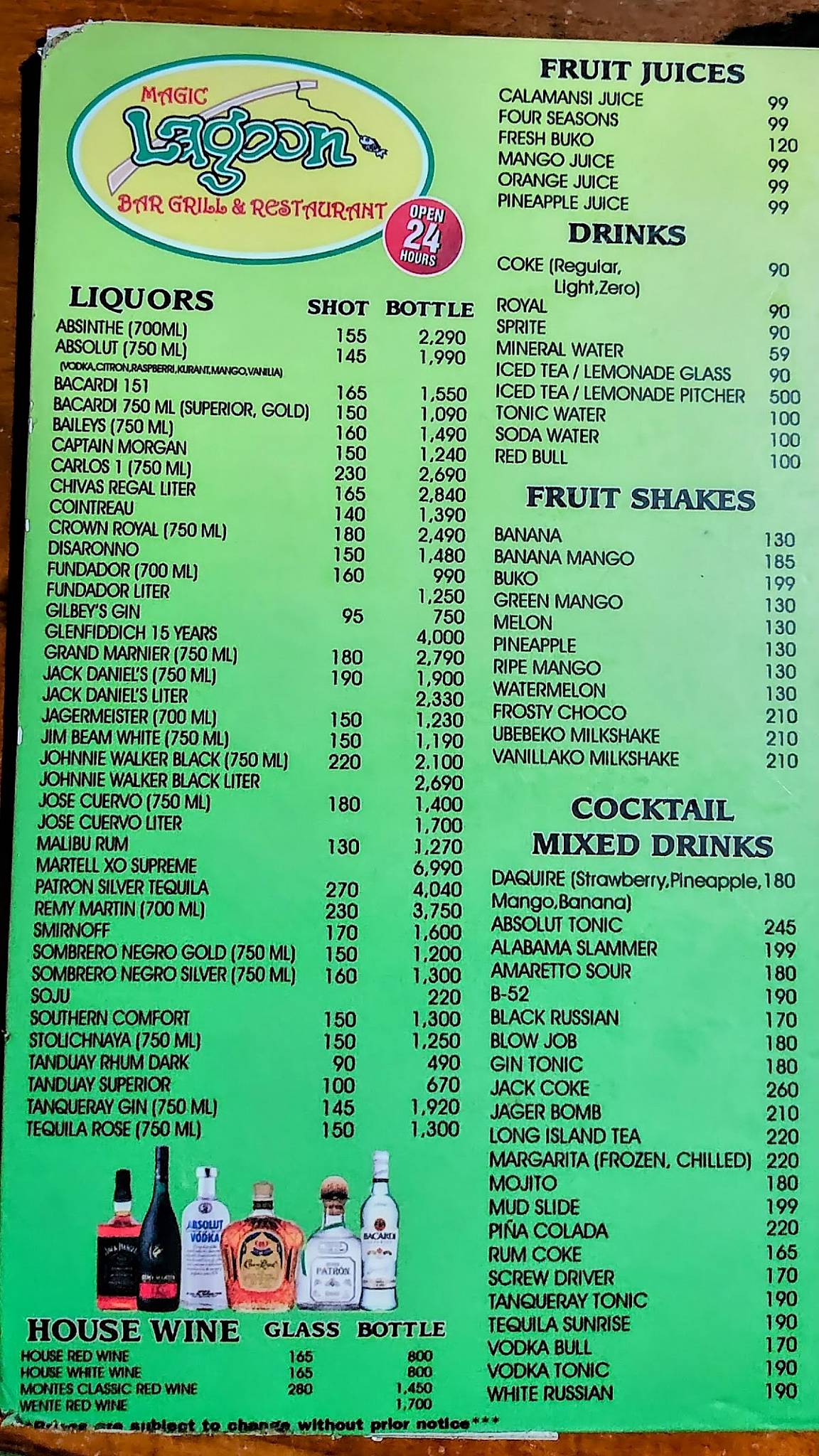 Menu at Magic Lagoon Bar, Subic Bay Freeport Zone, Bldg. 716