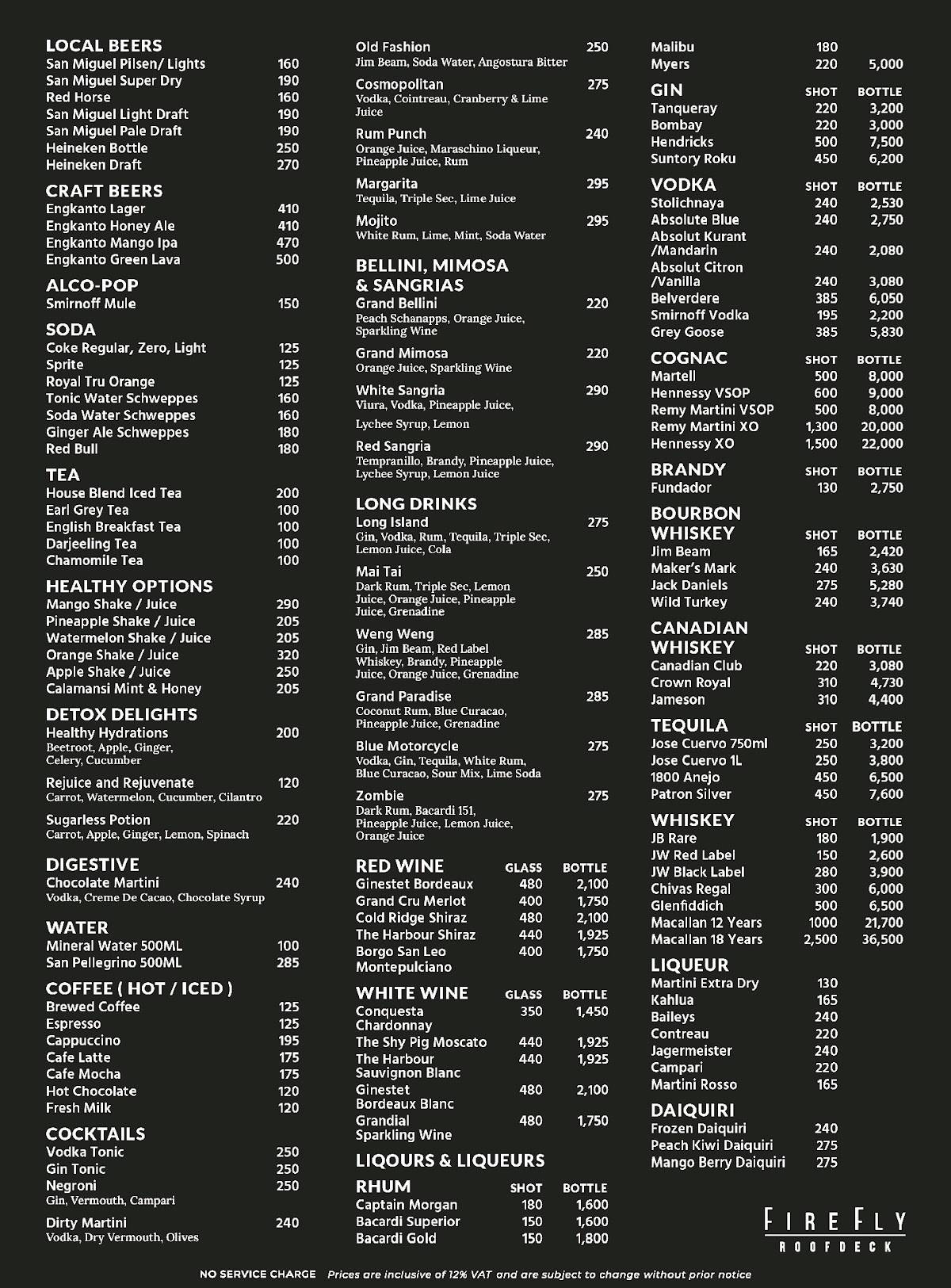 Menu at Firefly Roofdeck Restaurant, Makati, Makati