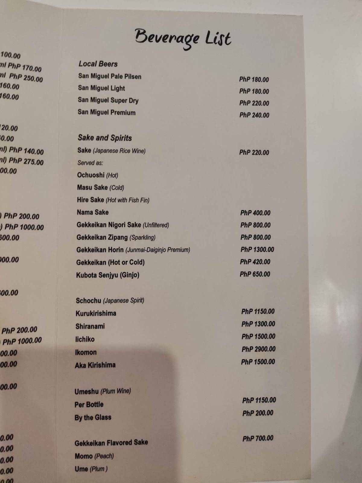 Menu at Sugi restaurant, Makati, Greenbelt 2 Esperanza St