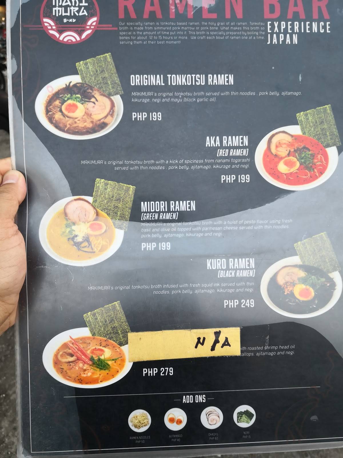 Menu at Makimura Ramen Bar, Angeles, Tinio Building