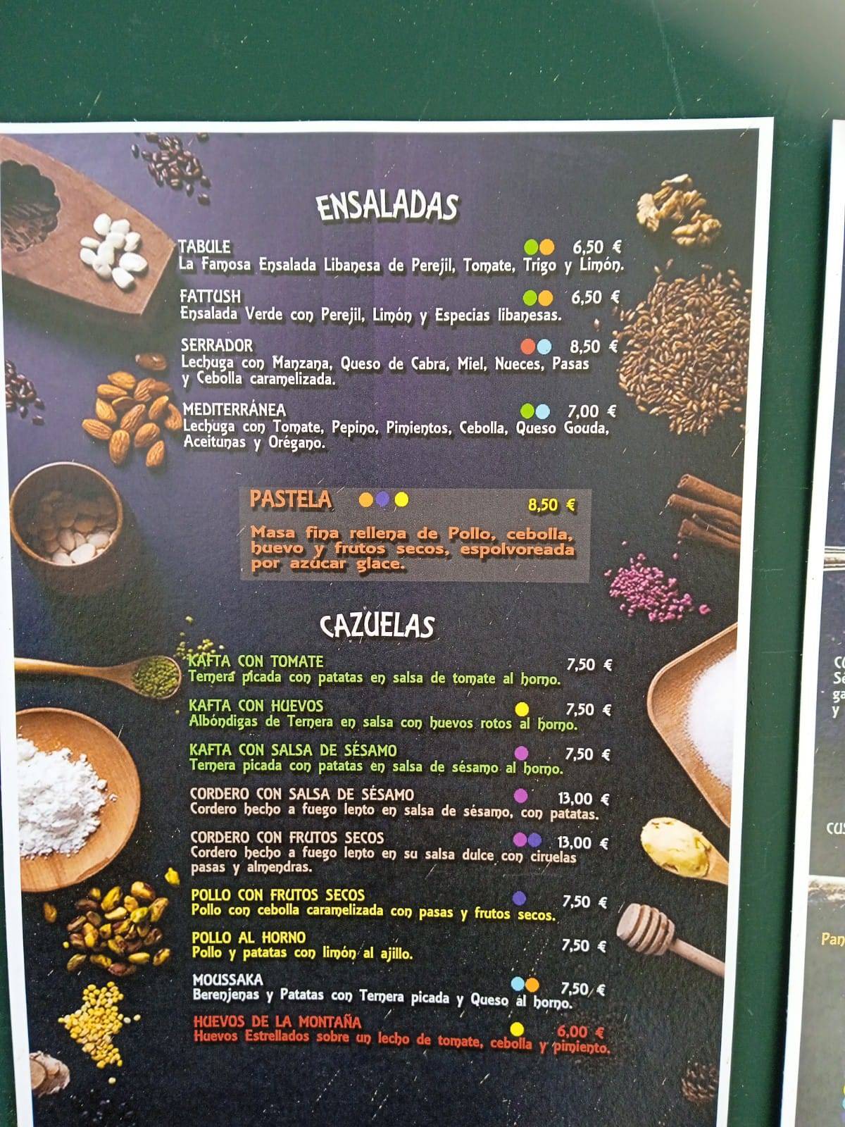Carta del restaurante Tabulé Cocina Libanesa, Málaga