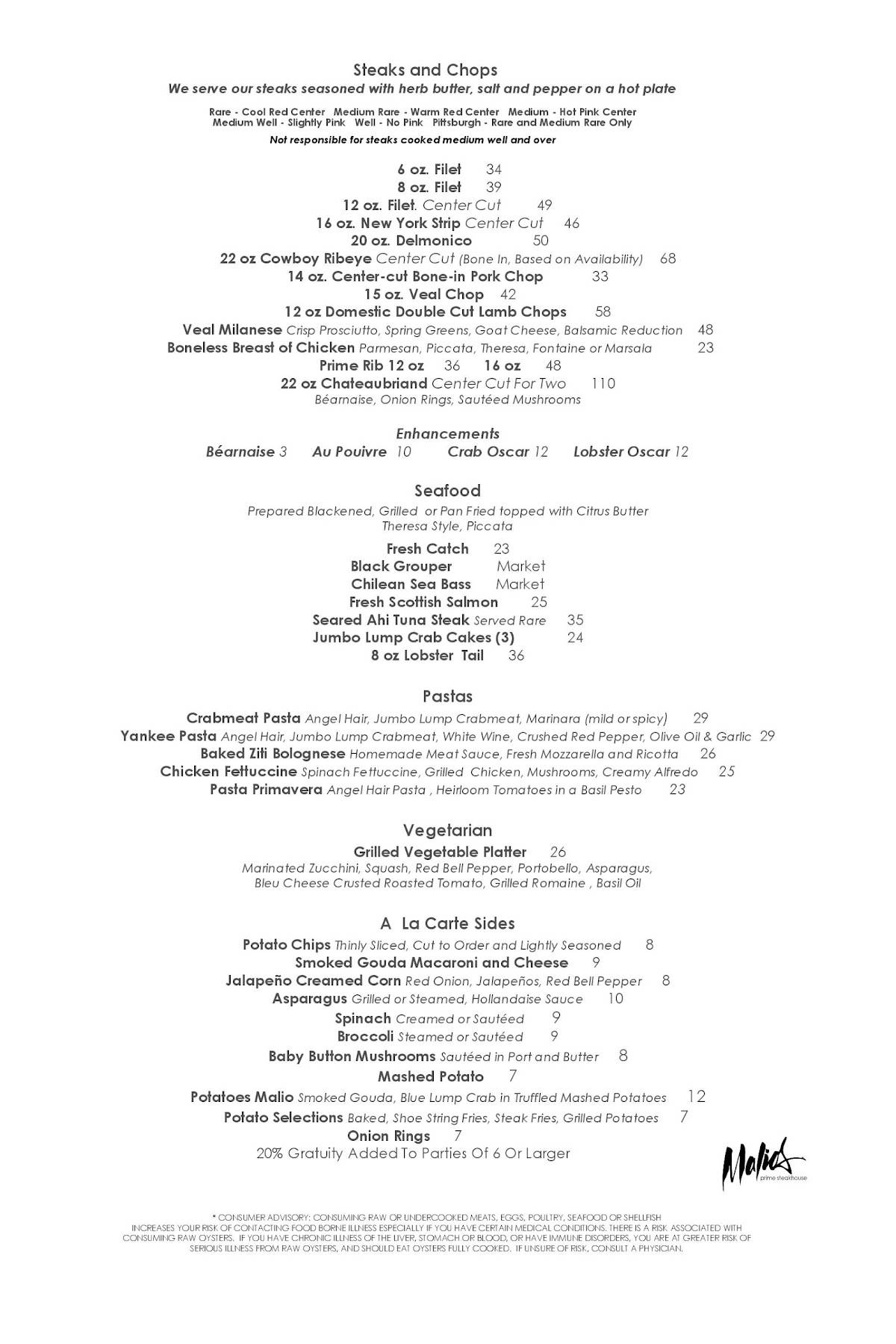 Menu at Malio's steakhouse, Tampa