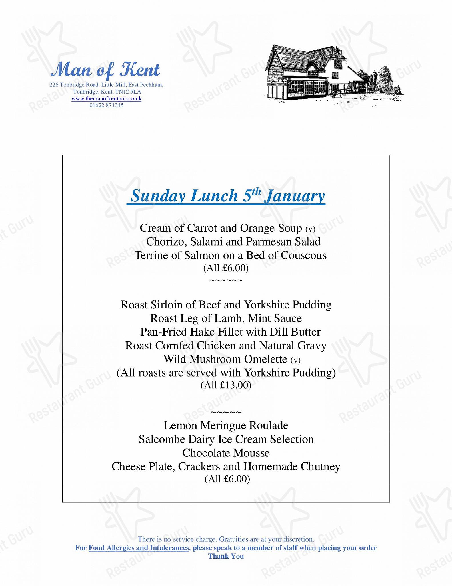 Menu at The Man of Kent pub & bar, Horsmonden, 226 Tonbridge Rd