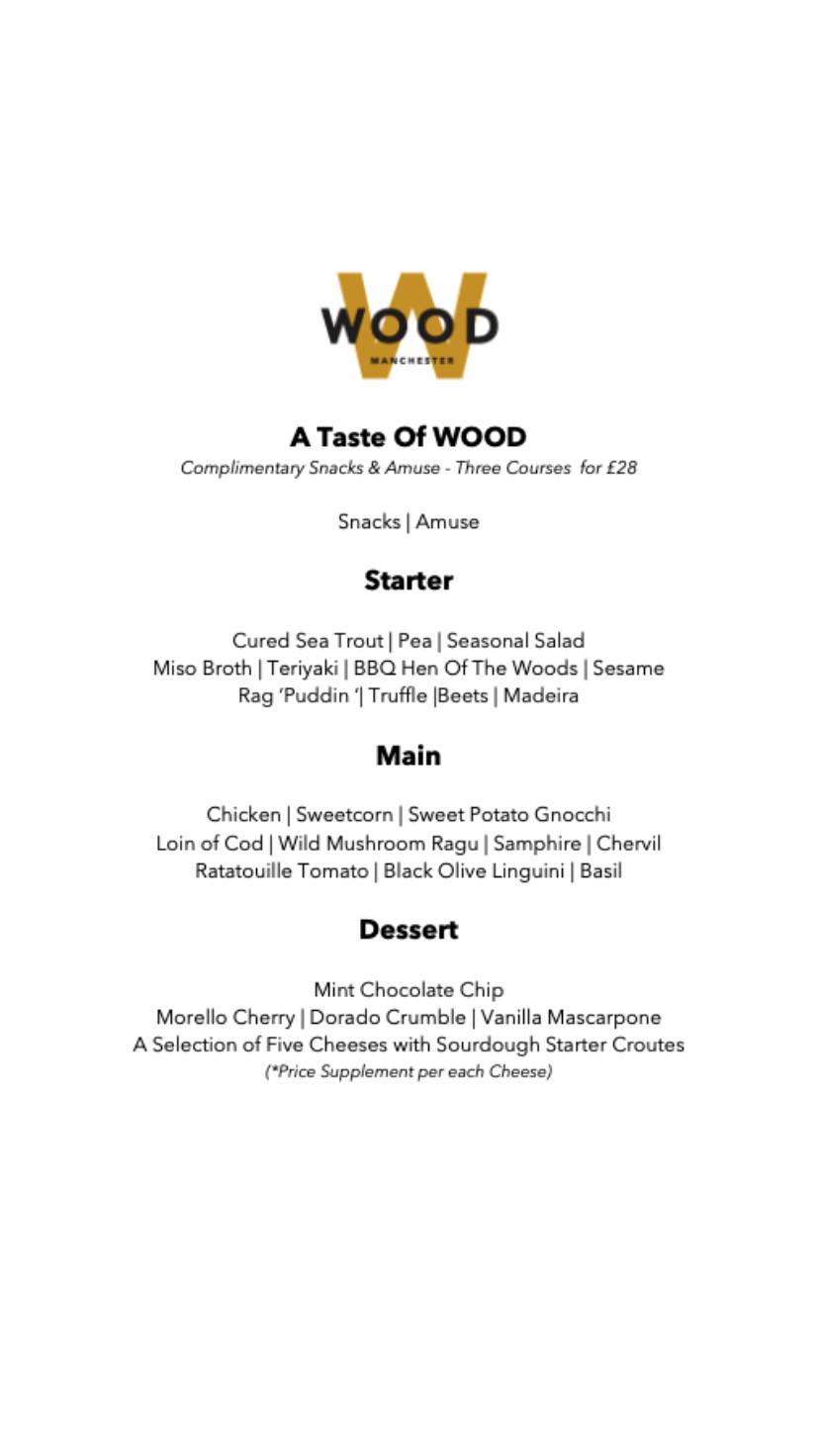 Menu at WOOD Manchester by Simon Wood restaurant, Manchester