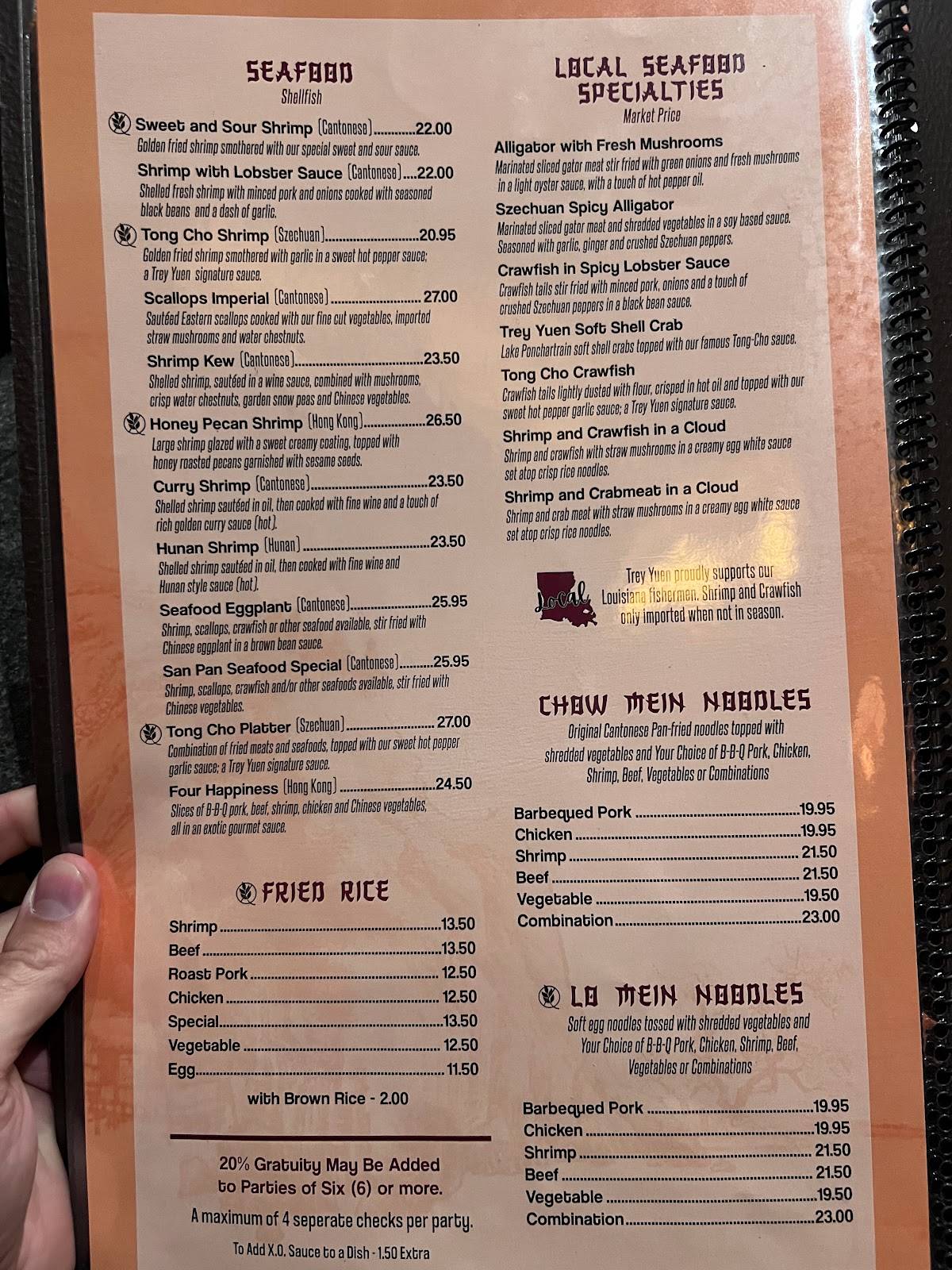 Menu at Trey Yuen restaurant, Mandeville, 600 N Causeway Blvd