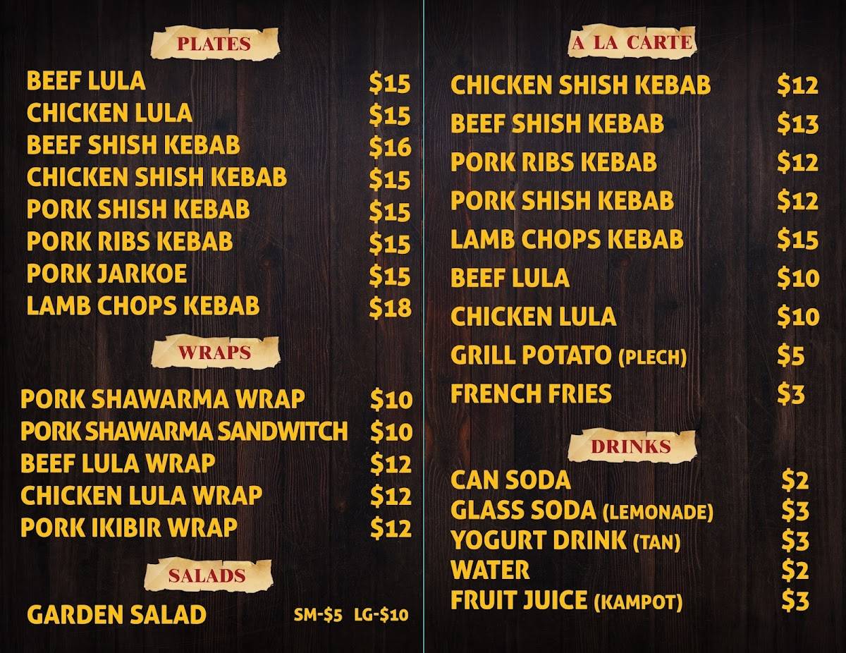 Menu at Mangal restaurant, Los Angeles