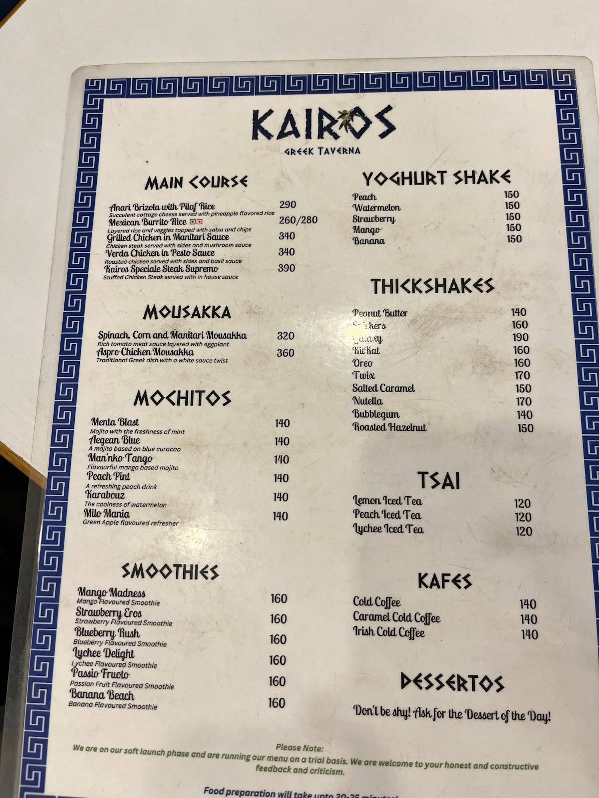 Menu at KAIROS Greek Taverna, Mangaluru