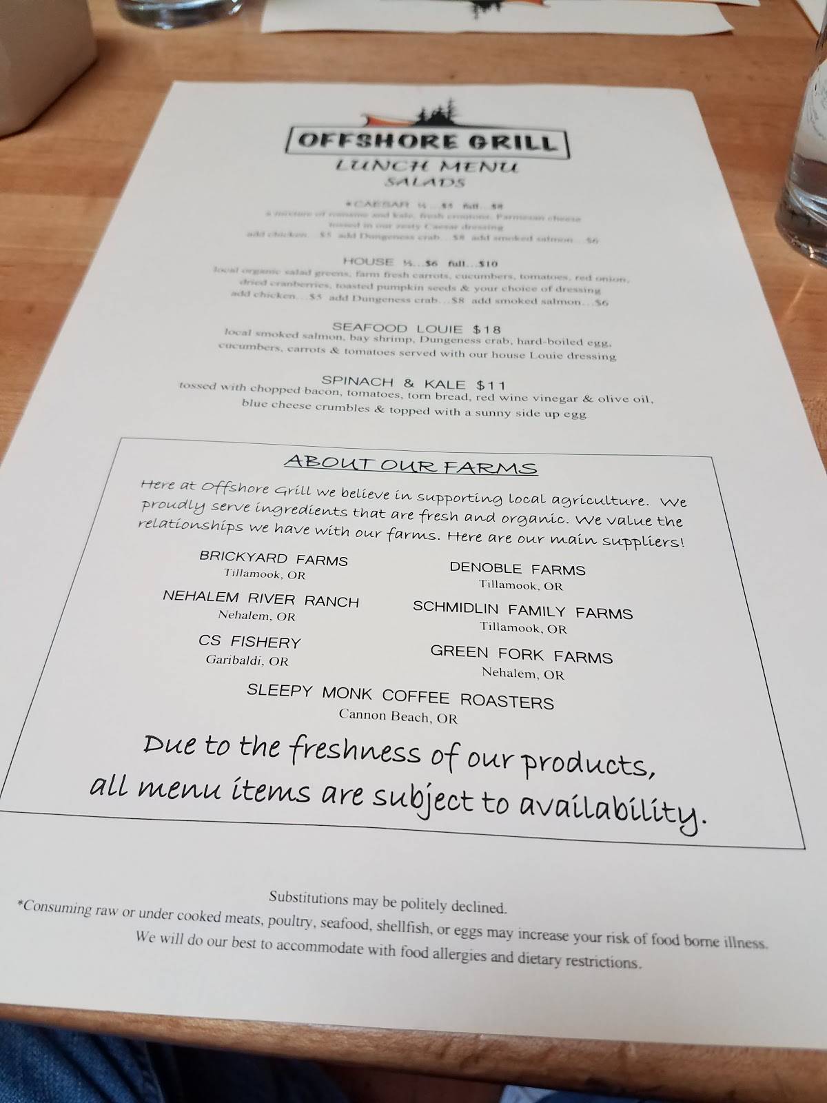 Menu at Offshore Grill and Coffee House, Manzanita
