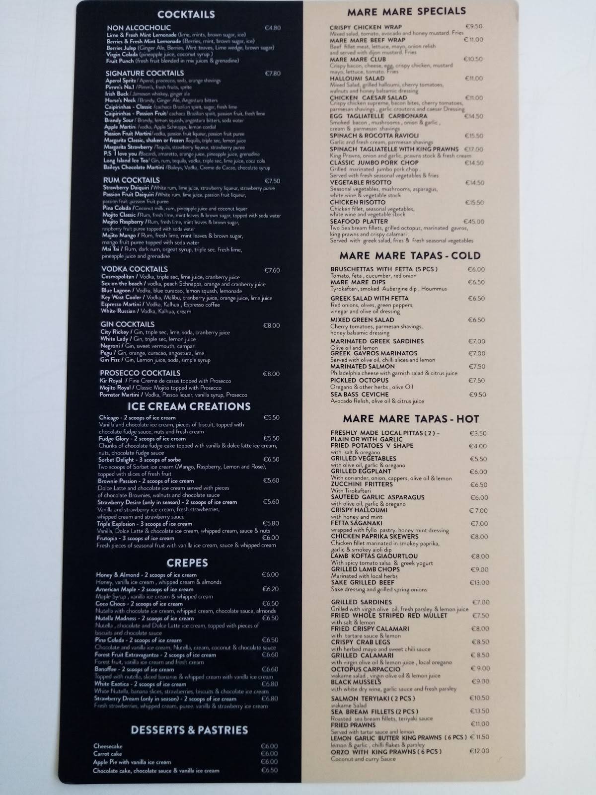 Menu at Mare - Mare, Paphos