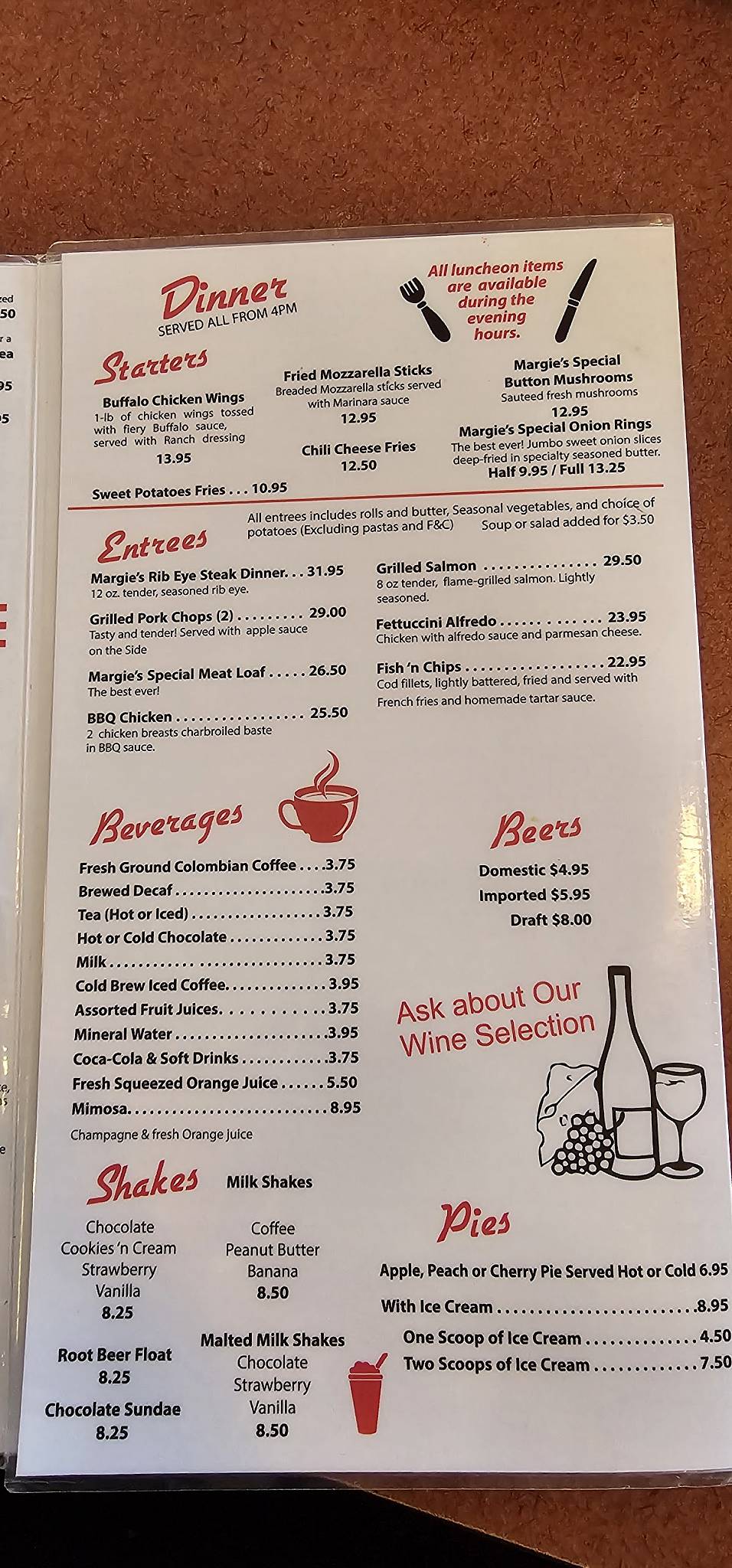 Menu at Margie's Diner restaurant, Paso Robles