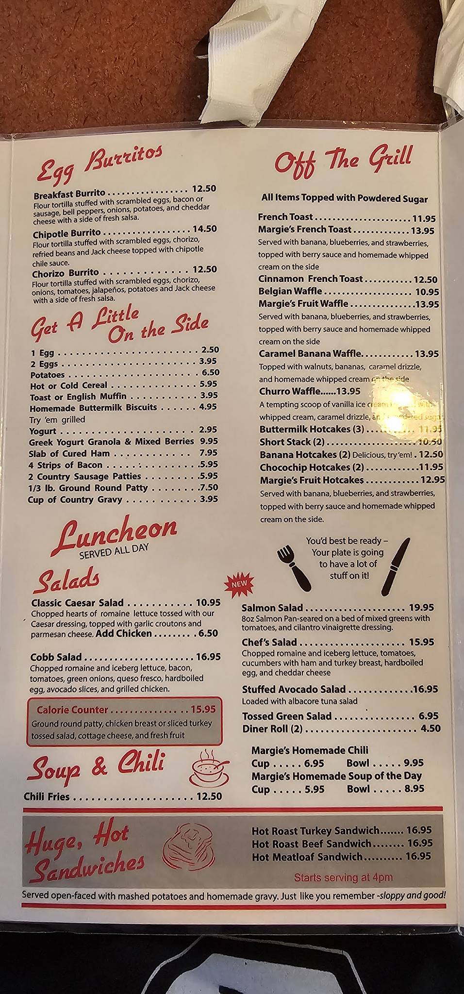 Menu at Margie's Diner restaurant, Paso Robles