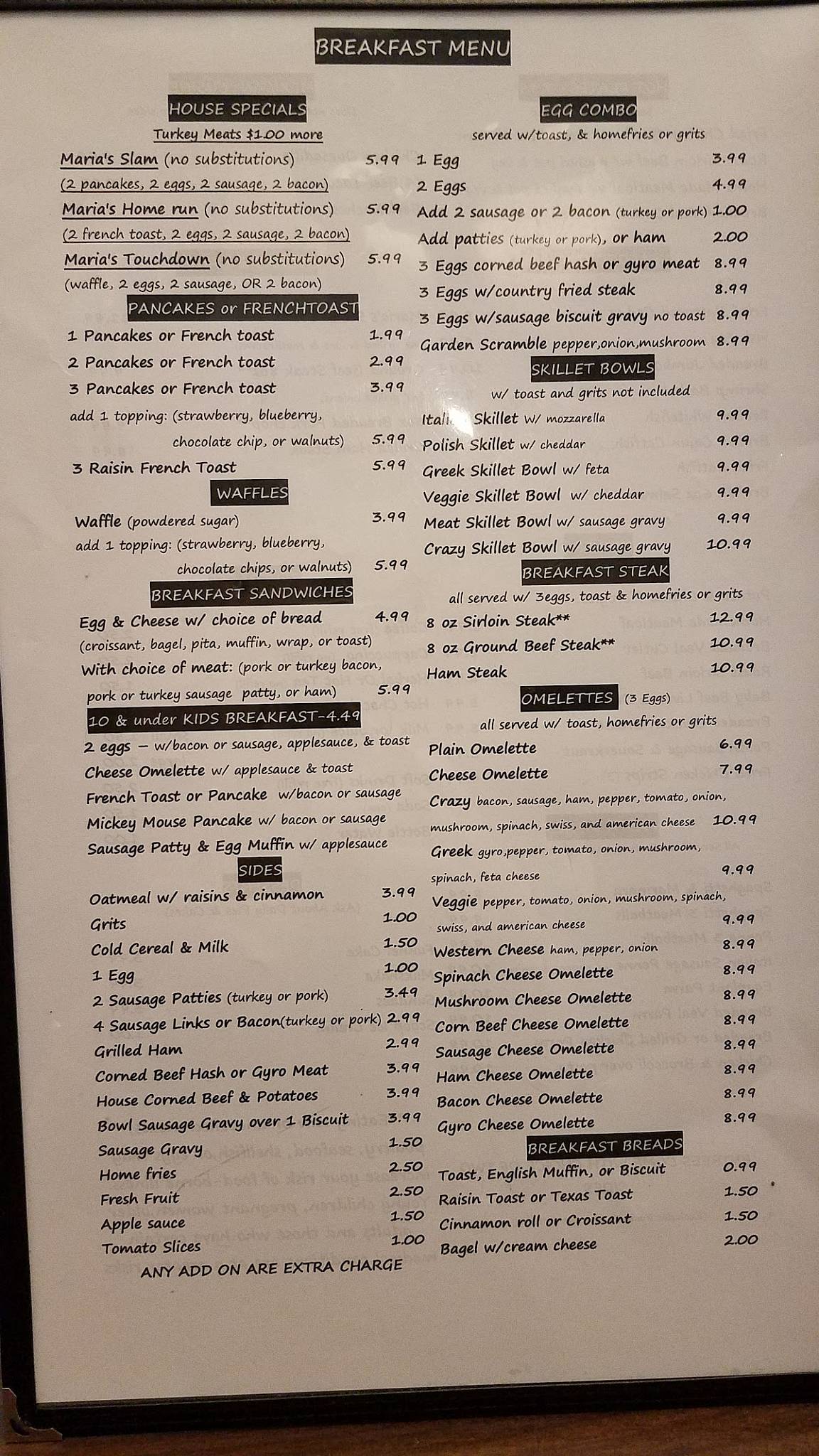 Menu at Maria's Family Restaurant, Euclid
