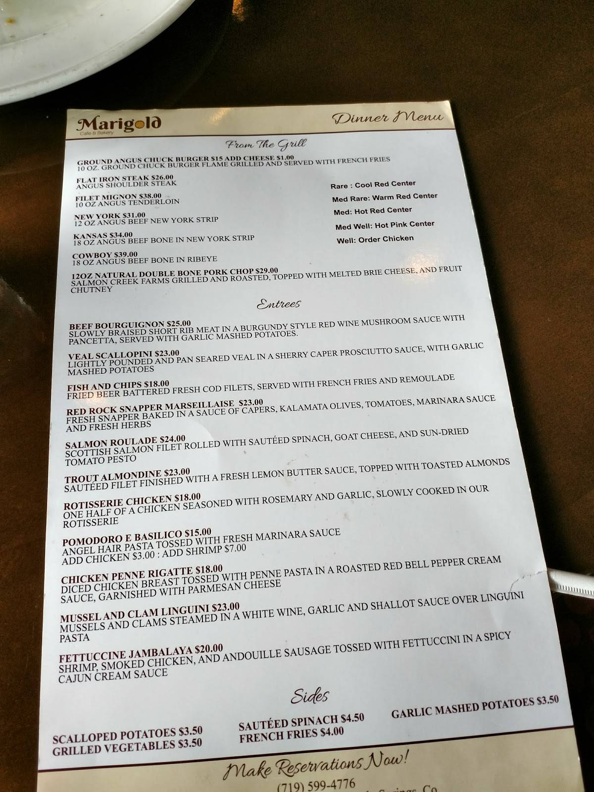 Menu at Marigold Cafe & Bakery, Colorado Springs