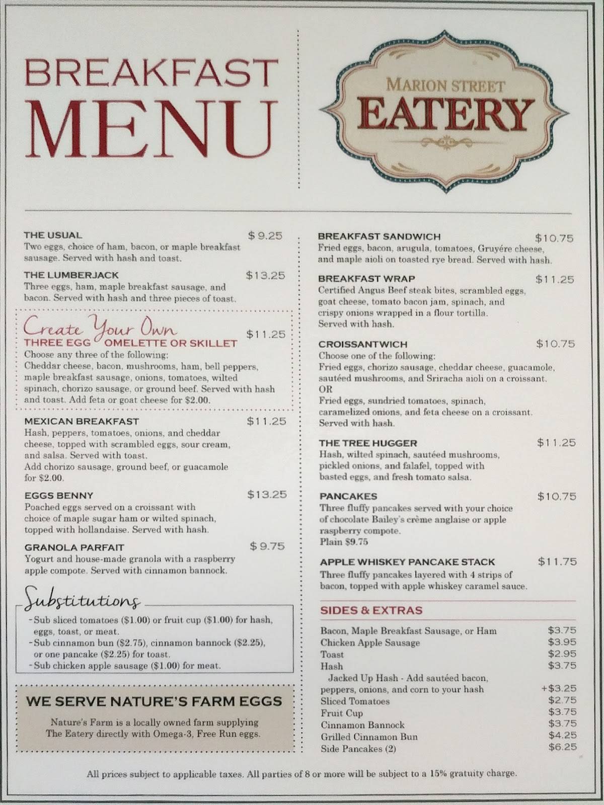 Menu at Marion Street Eatery restaurant, Winnipeg