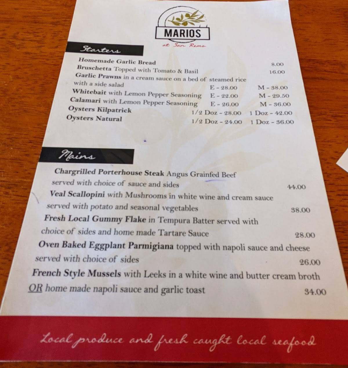 Menu at Mario's at San Remo restaurant, San Remo