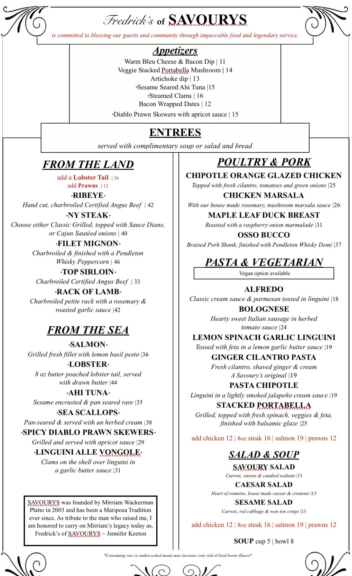 Menu at Fredricks of Savourys pub & bar, Mariposa