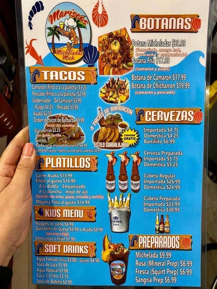 Menu at Mariscos Micheladas Mich restaurant, Sanger, 702 L St